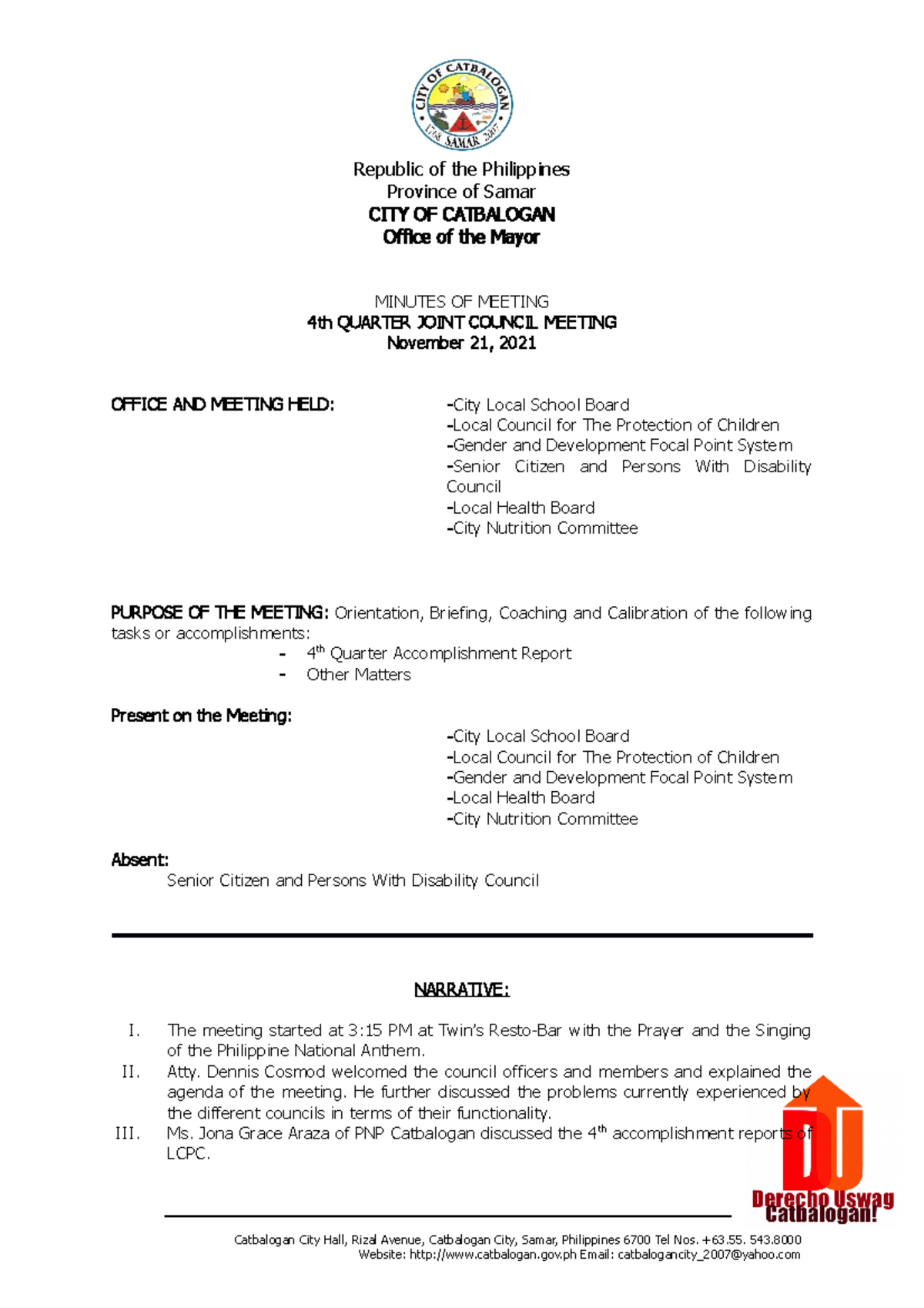 4th Quarter Joint Council Meeting Minutes - City of Catbalogan - Studocu
