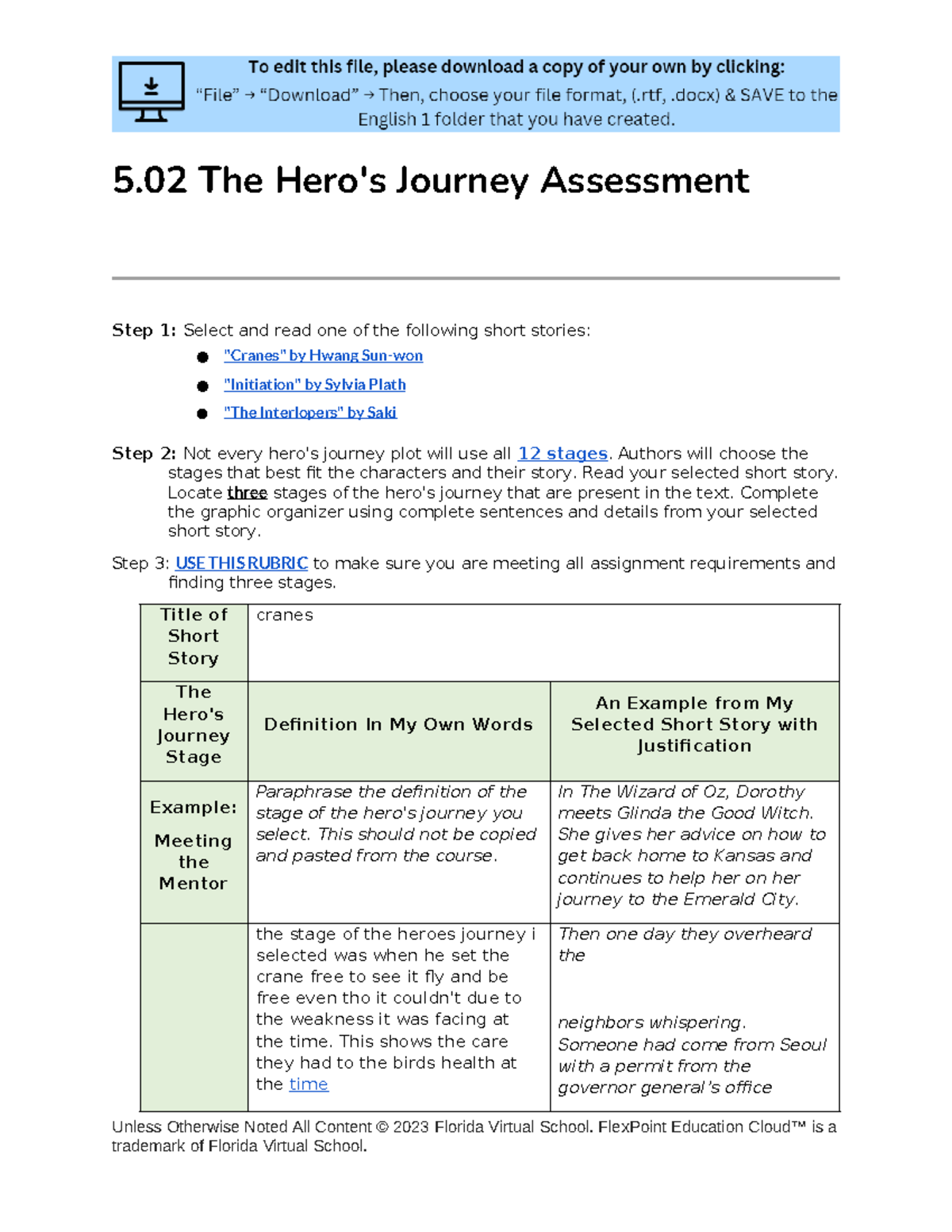 5.02 The Hero's Journey Assessment: Analyzing Short Stories - Studocu