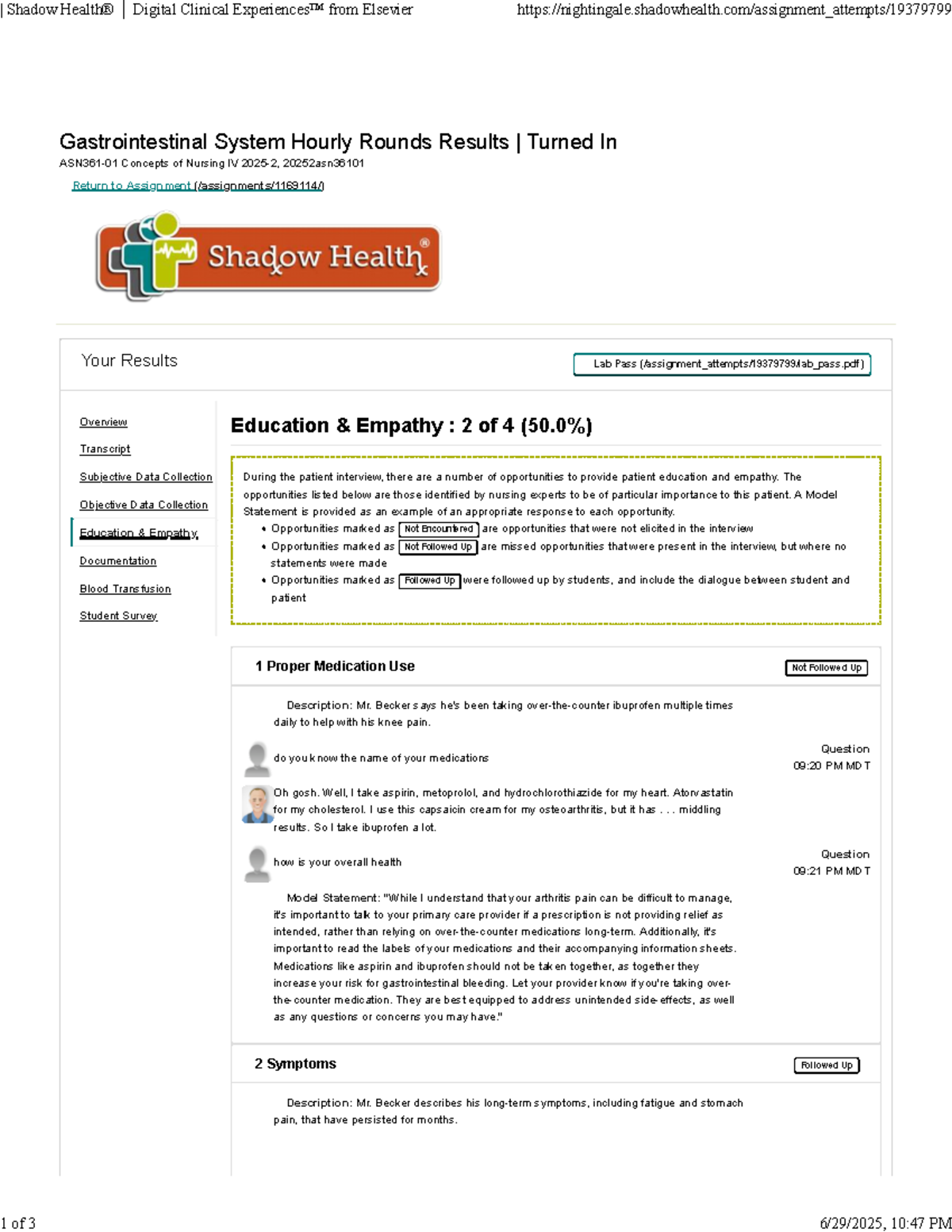Shadow Health: Gastrointestinal System Hourly Rounds - Concepts of ...