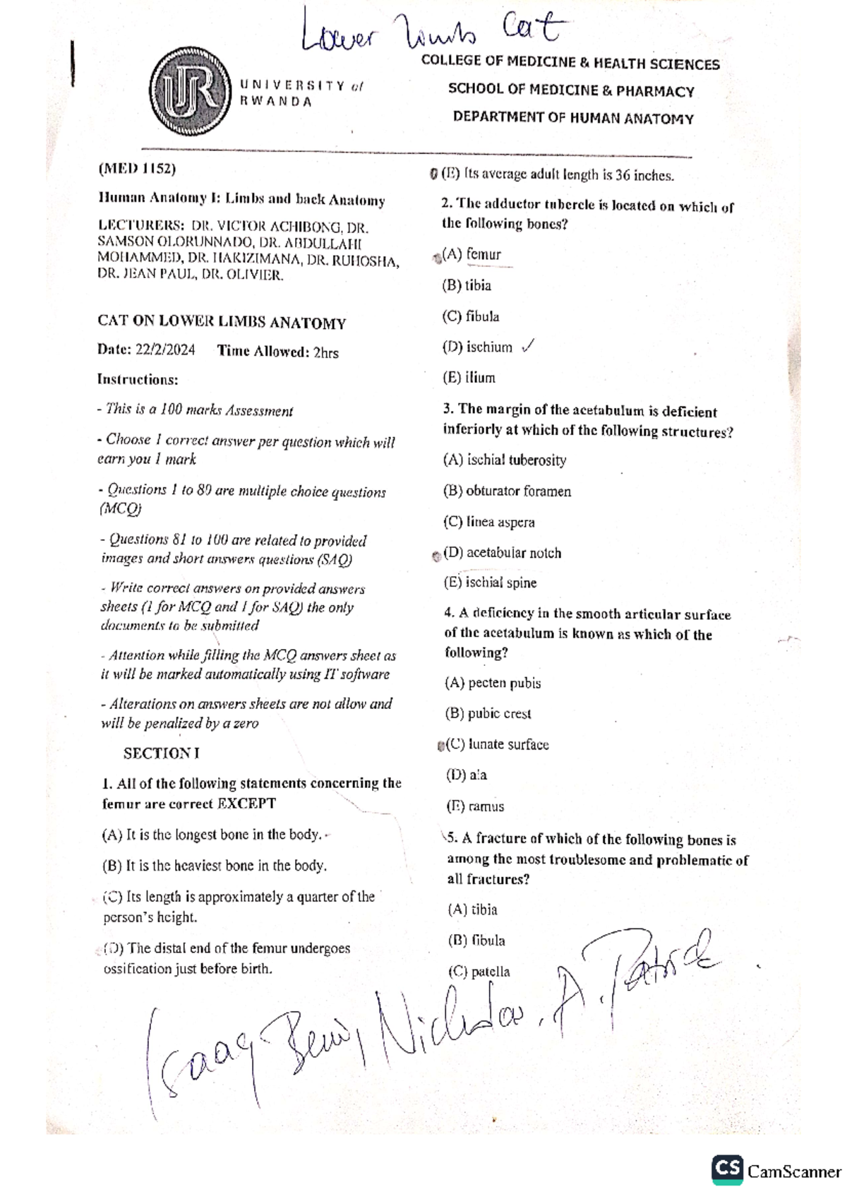 Lower Limbs Anatomy Assessment (MED 1152) - MCQ & SAQ Guide - Studocu