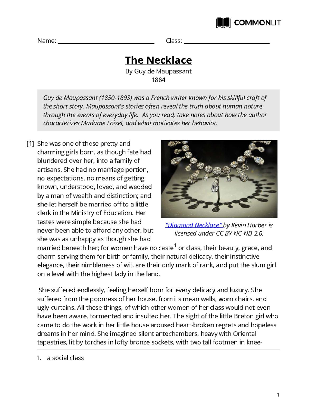 The Necklace: Analysis of Madame Loisel's Character - ENG 101 - Studocu