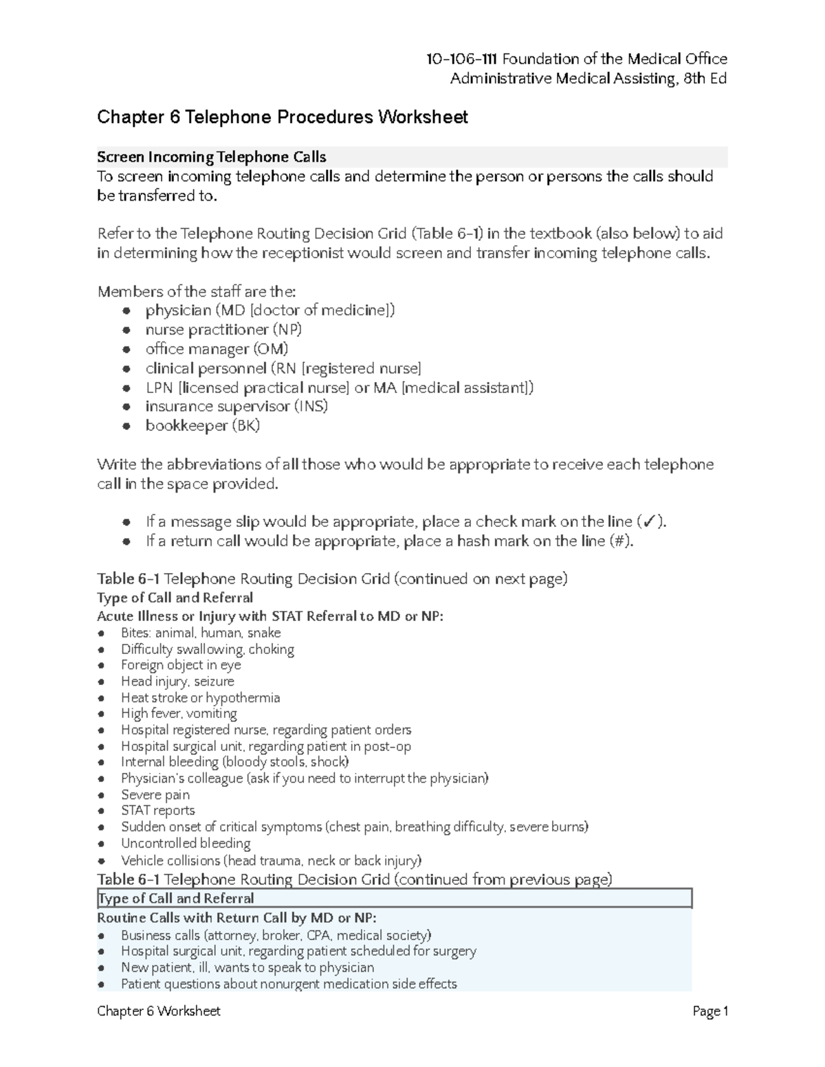 Chapter 6 Telephone Procedures Worksheet - 10-106-111 - Studocu