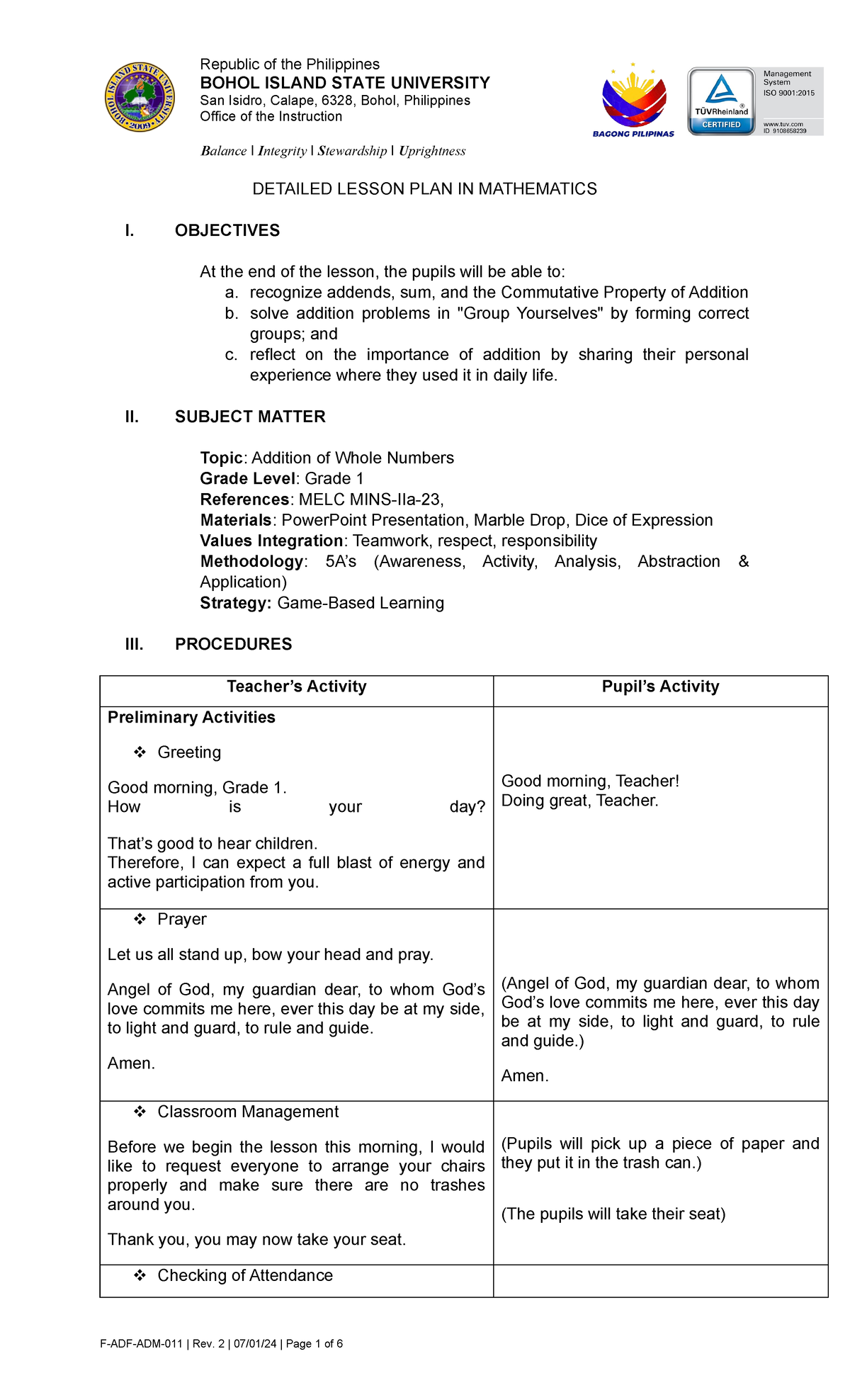 Detailed Lesson Plan: Addition of Whole Numbers for Grade 1 - Studocu