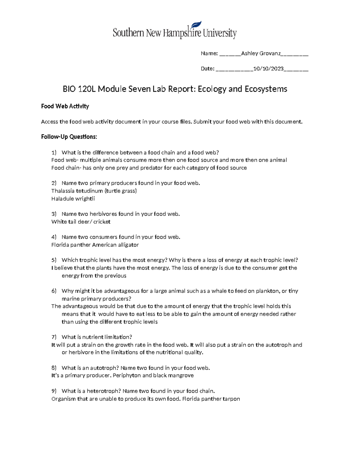 BIO 120L M7 Lab 7 Report: Understanding Food Webs and Ecosystems - Studocu