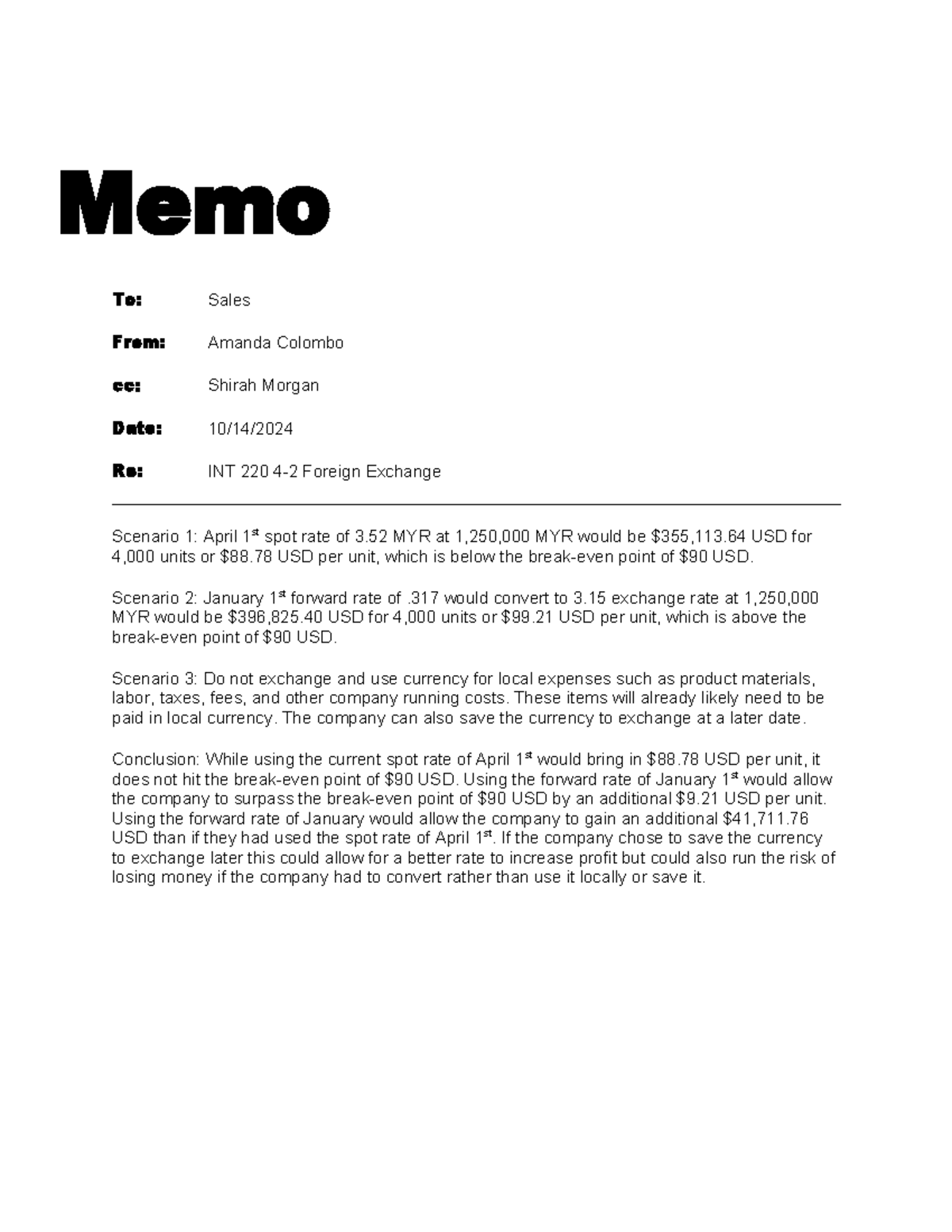 INT-220 4-2 Foreign Exchange - Memo To: Sales From: Amanda Colombo cc ...