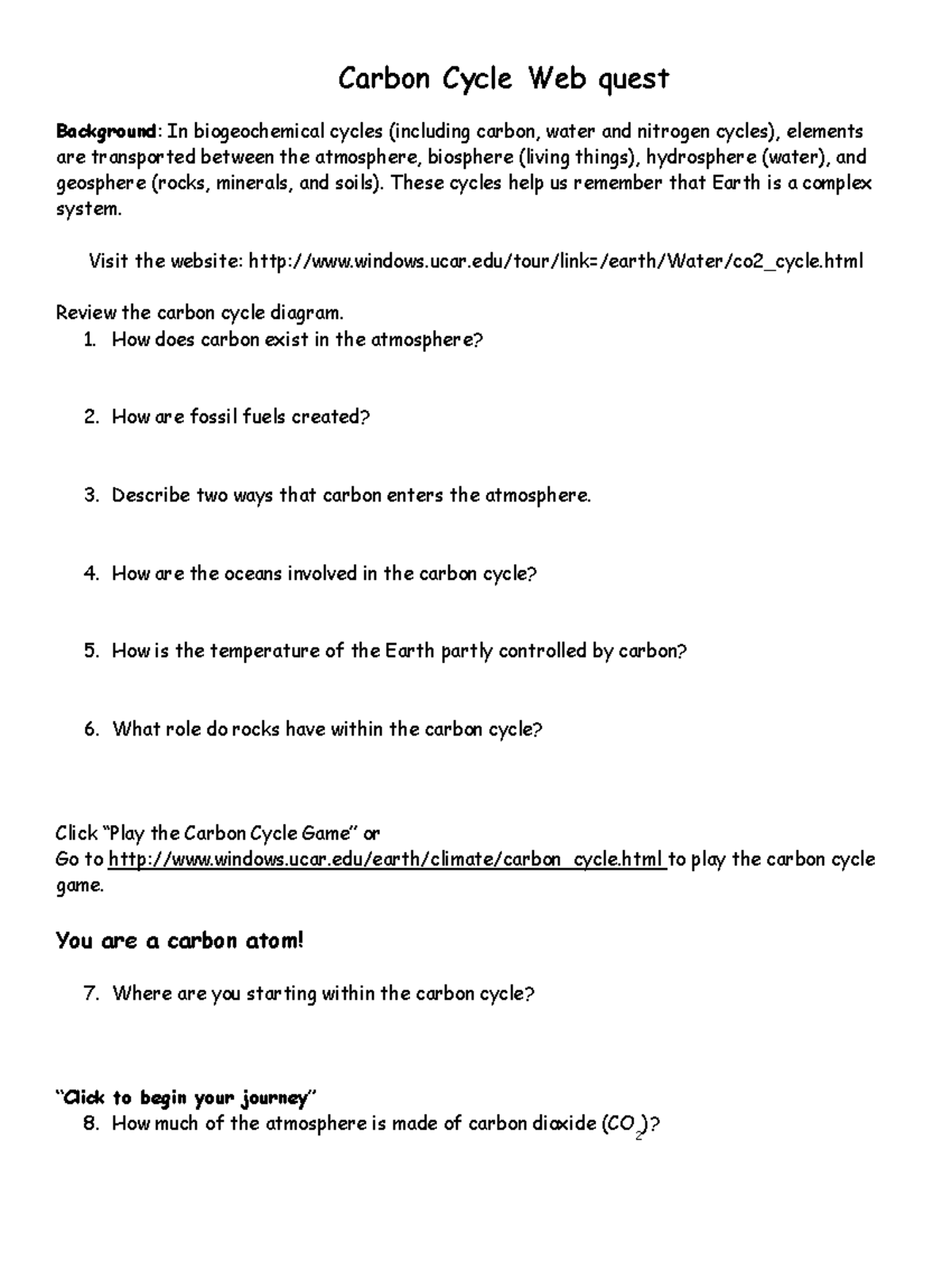 Carbon Cycle Webquest: Exploring Earth's Vital Biogeochemical Processes ...
