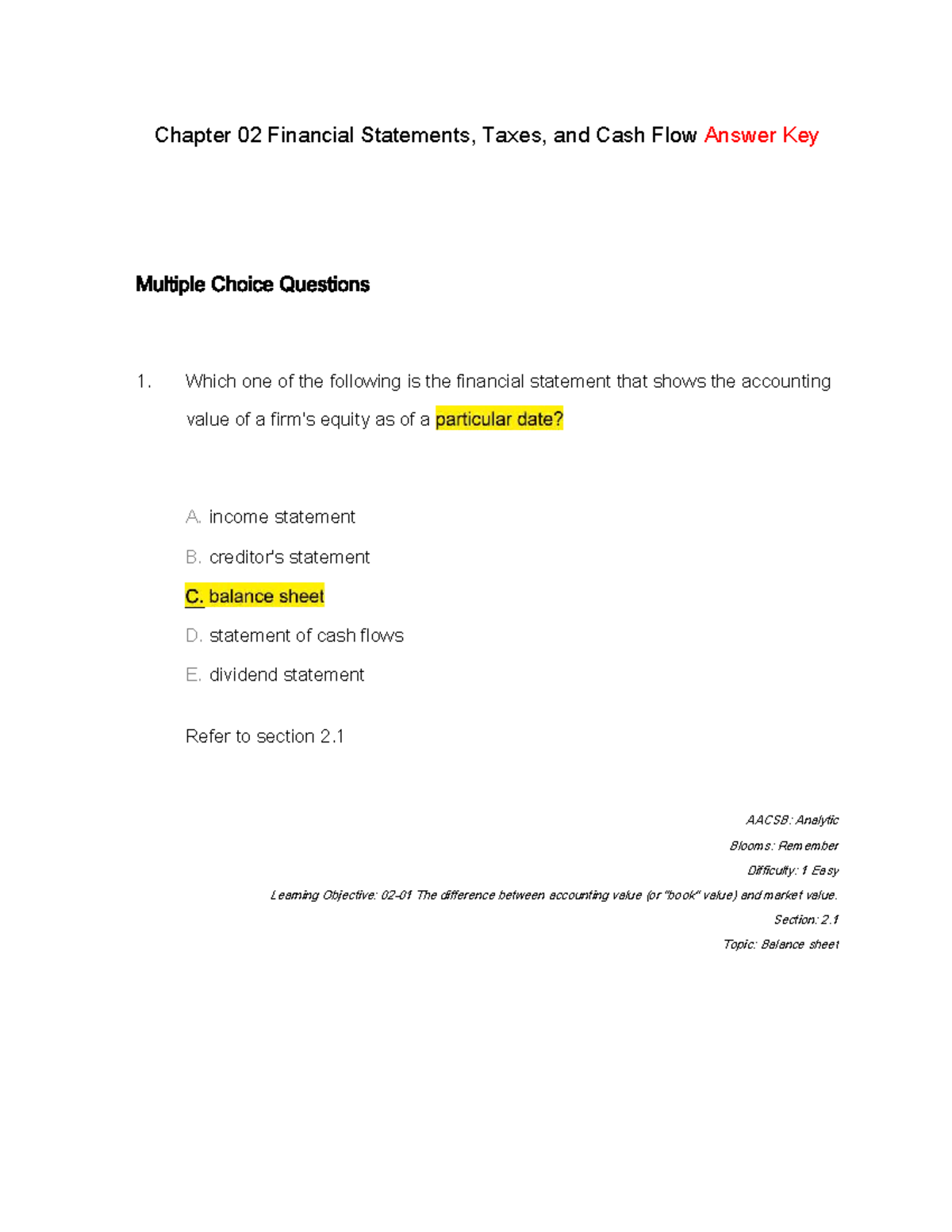 Chapter 02 - Financial Statements, Taxes, and Cash Flow Answer Key ...