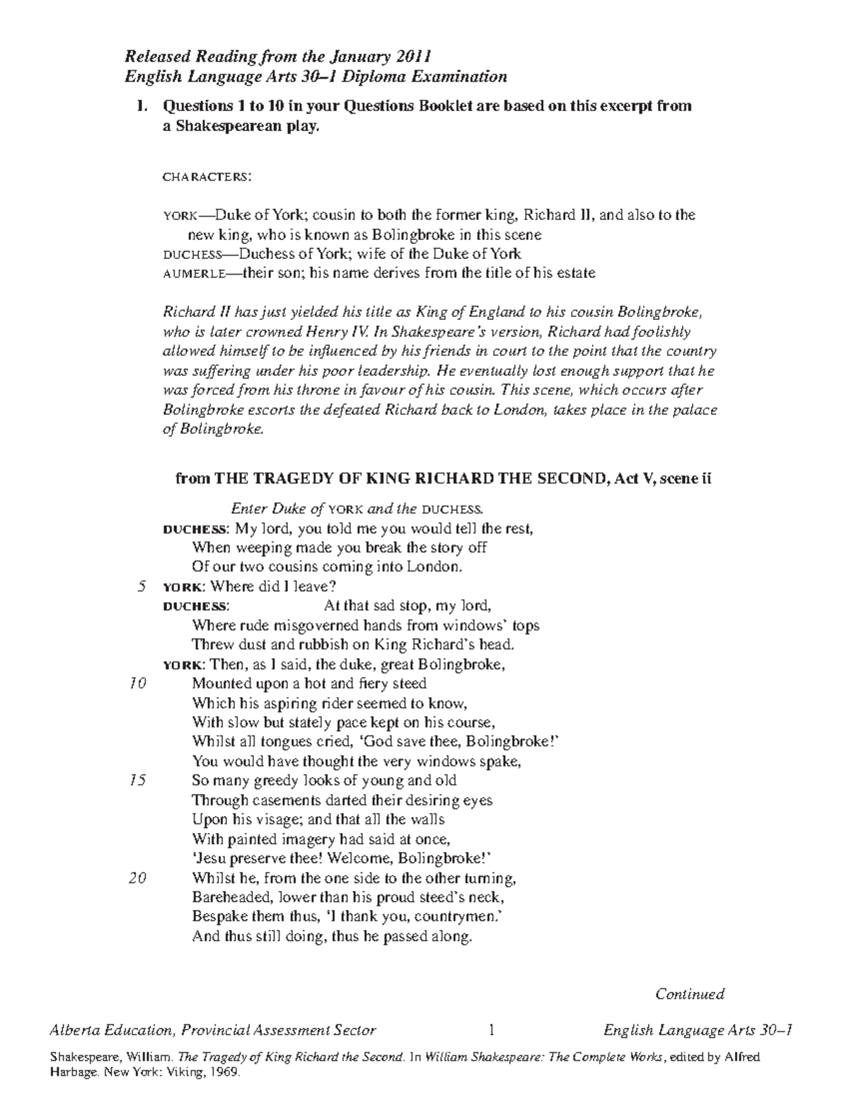 Released Reading from the January 2011 ELA Diploma Exam: Shakespeare ...