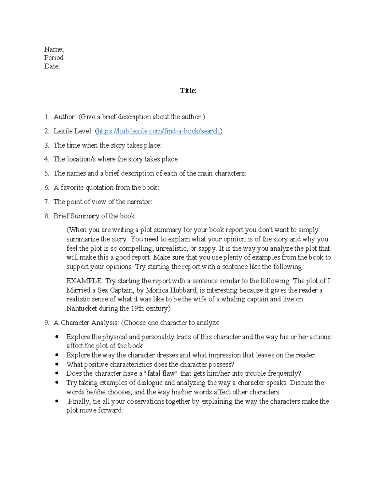 ENG101: Novel Book Report - Character Analysis Guide - Studocu