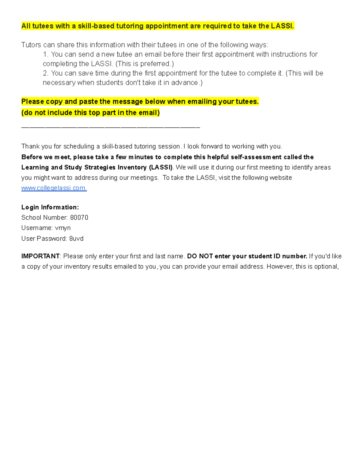 Lassi Login Info to Be Shared with Students - All tutees with a skill ...