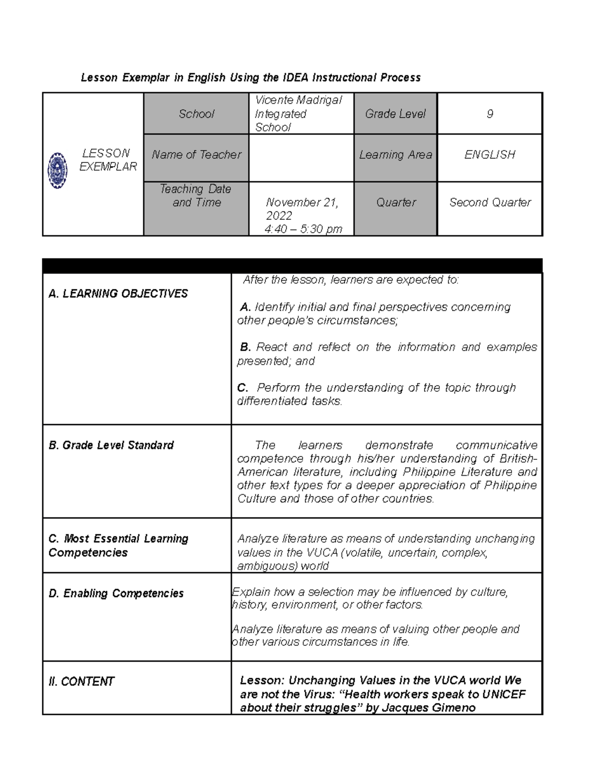 Lesson Exemplar for Grade 9 English: Unchanging Values in a VUCA World ...