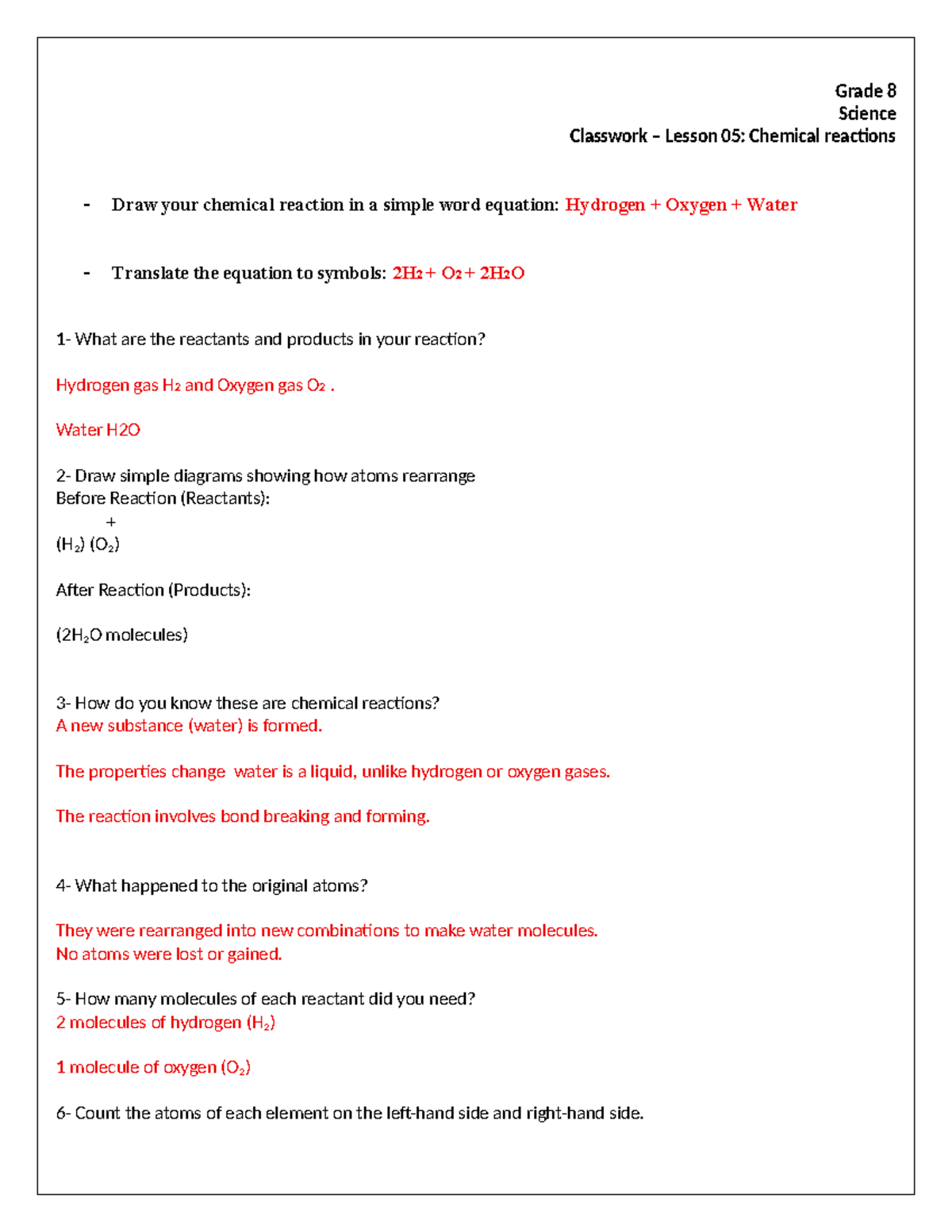 Grade 8 Science Classwork: Lesson 05 - Chemical Reactions - Studocu