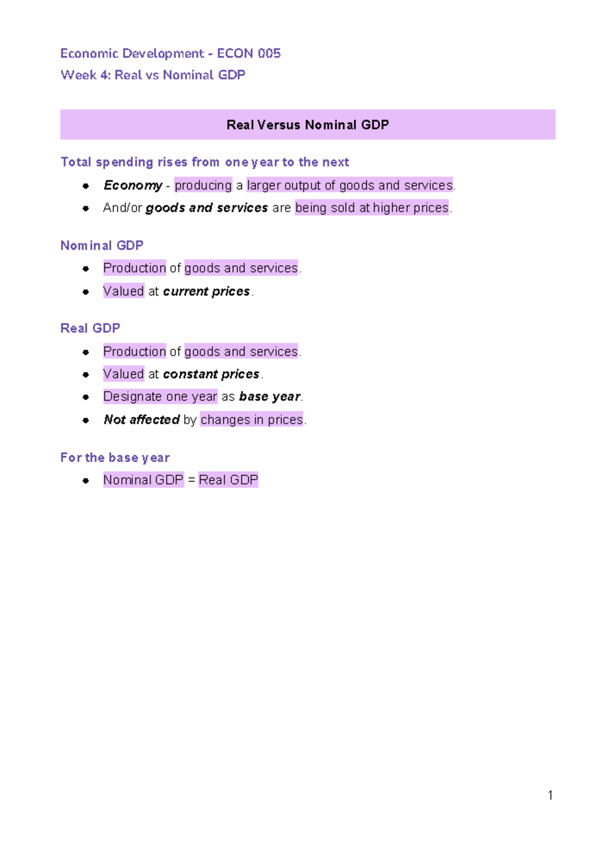 Economic Development ECON 005 Week 4: Real vs Nominal GDP Analysis ...