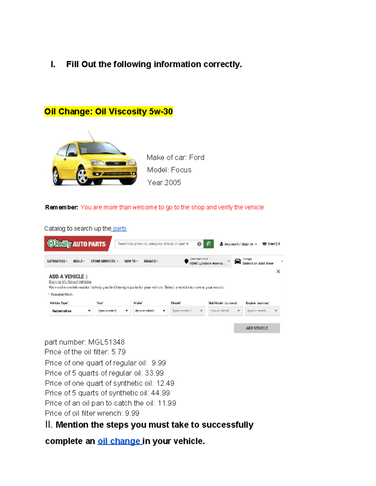 Oil Change Worksheet - Steps & Costs for Ford Focus 2005 - Studocu
