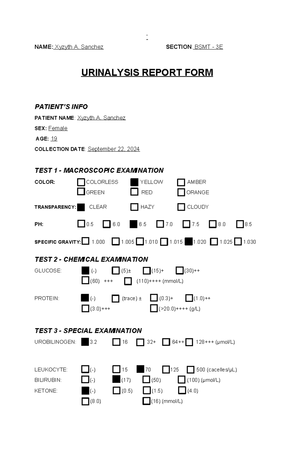 Urinalysis Report Form - BSMT 3E - Studocu