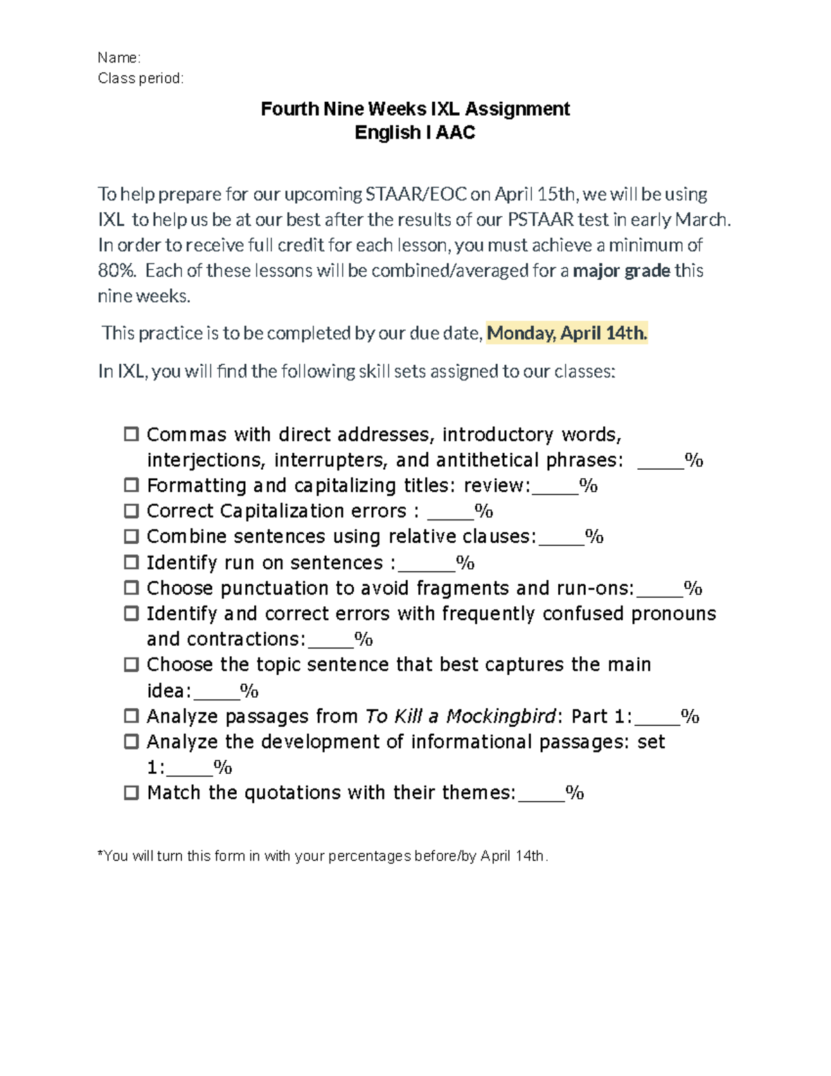 English I AAC: Fourth Nine Weeks IXL Assignment Guide - Studocu