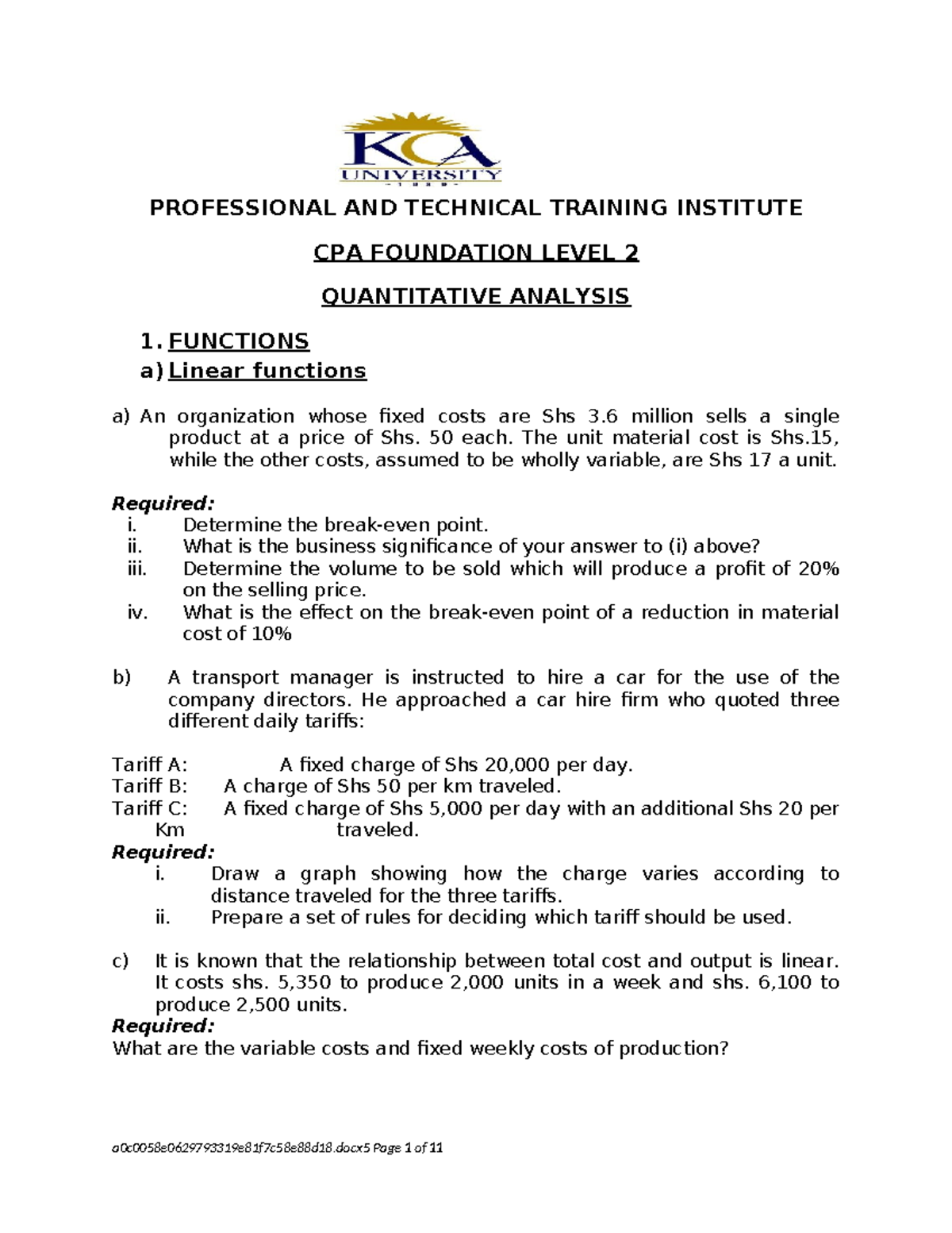 CPA Foundation Level 2: Functions, Calculus & Matrix Algebra Notes ...