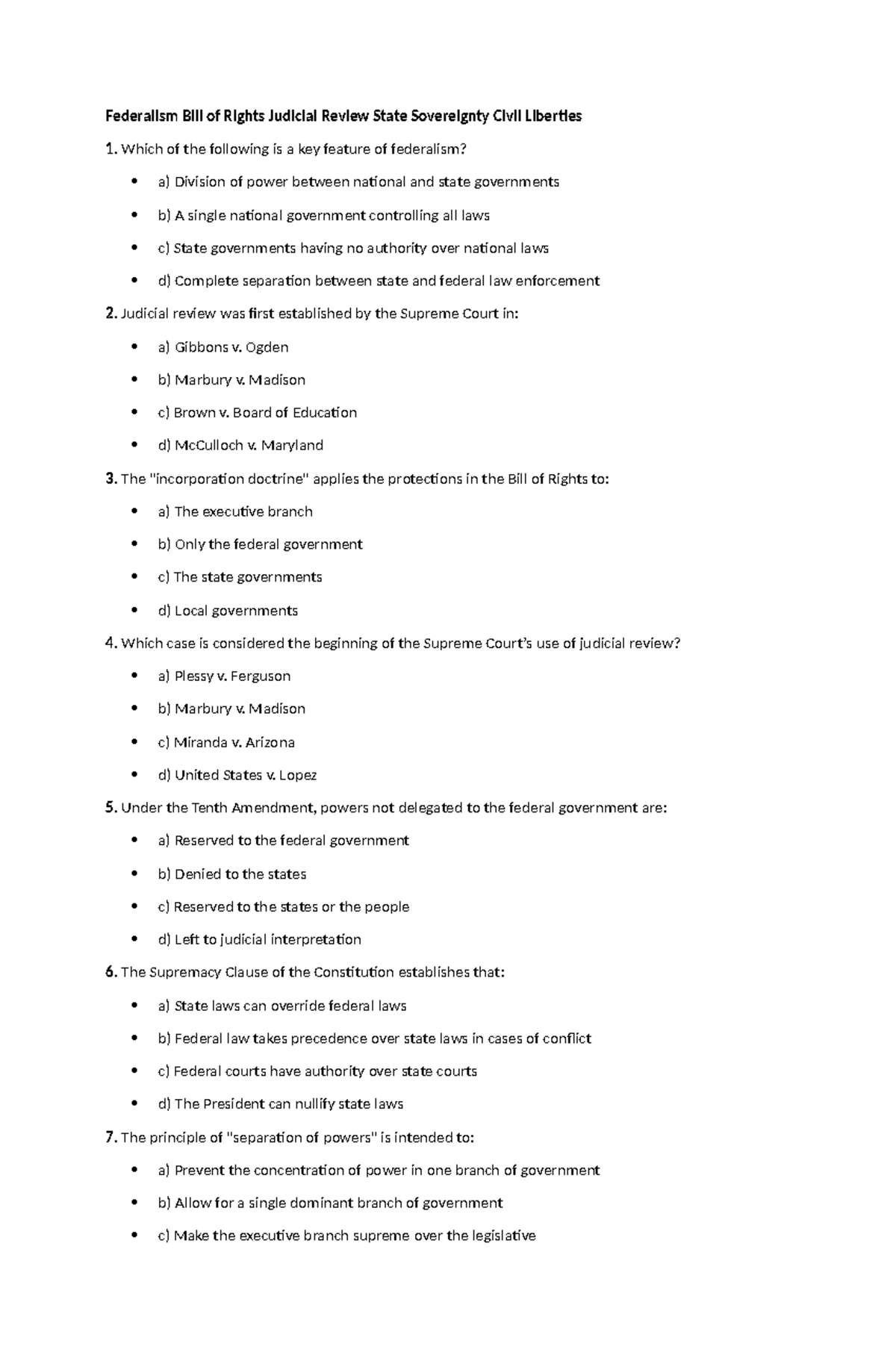 Federalism Bill of Rights Judicial Review State Sovereignty Civil ...