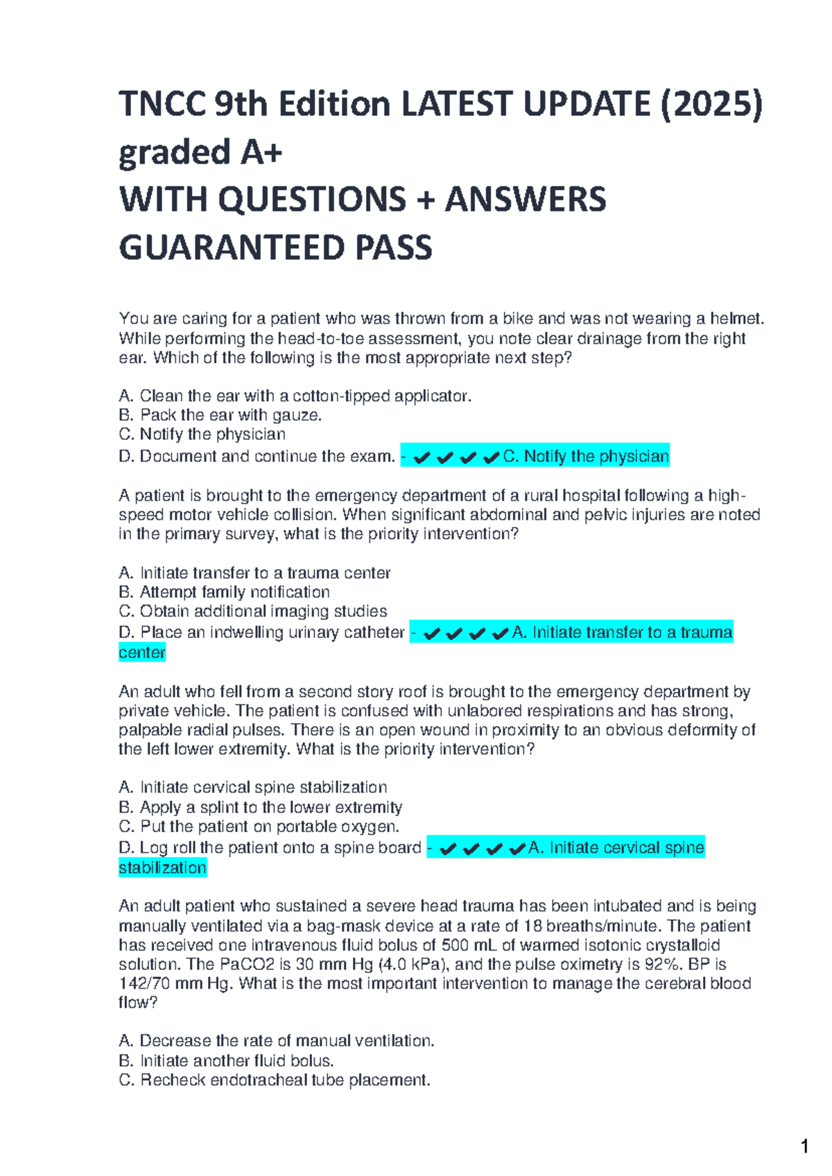 TNCC 9th Edition Latest Update: Graded Questions & Answers for Success ...