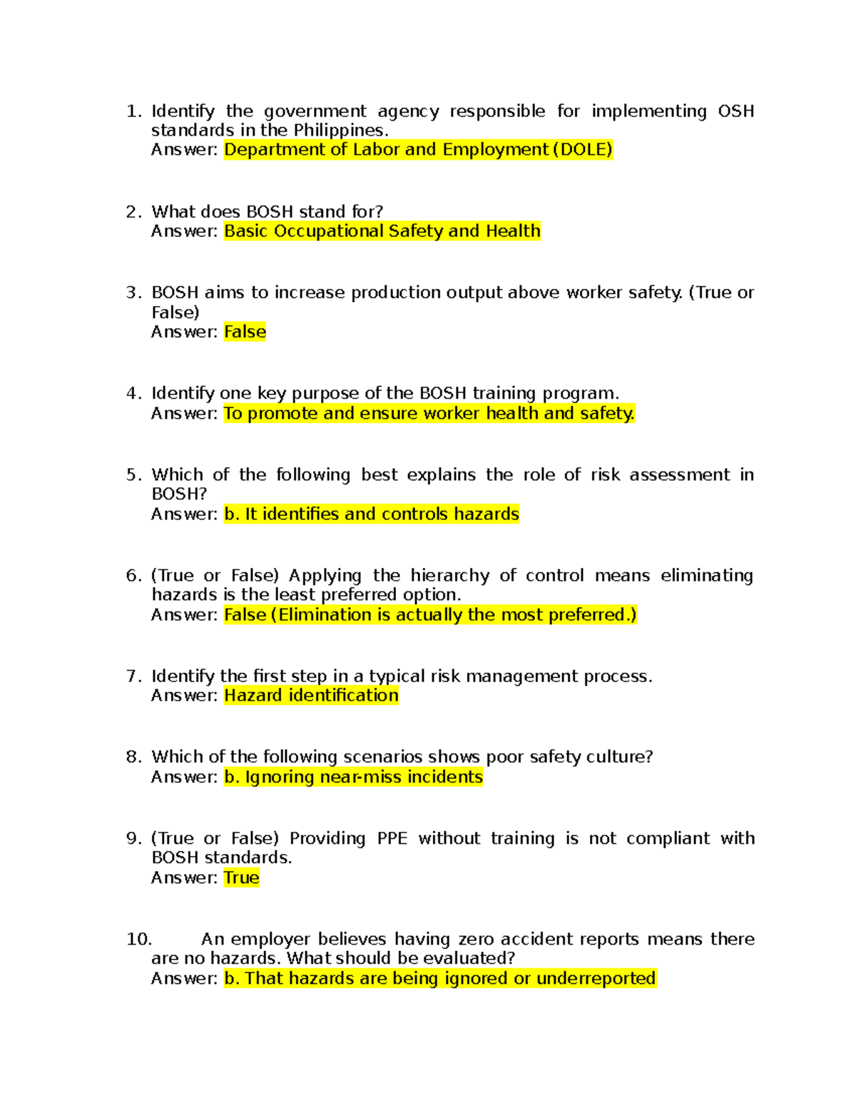 OSH 101 Midterm Exam Answer Key: Occupational Safety & Health Standards ...