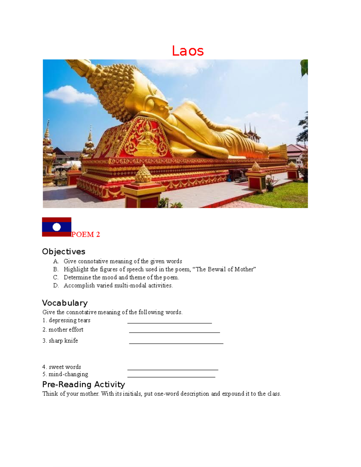 Asean LIT 16 - Laos POEM 2 Objectives A. Give connotative meaning of ...