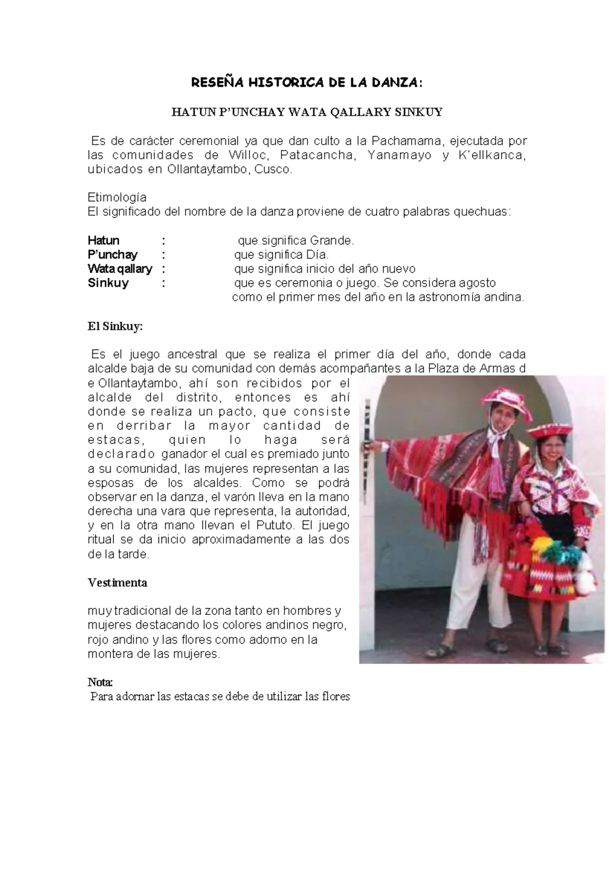 Reseña Histórica De La Danza Hatun Wata Qallary Sinkuy Studocu