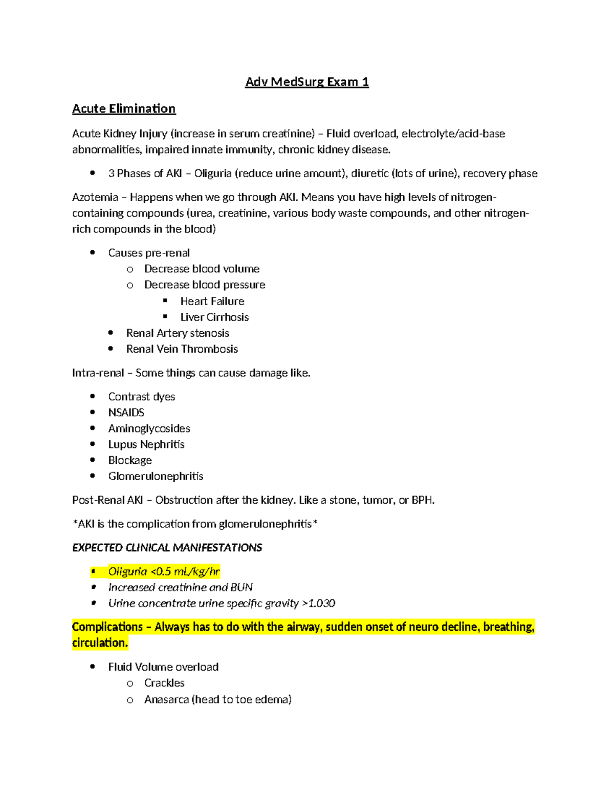 Adv Med Surg Exam 1 - Adv MedSurg Exam 1 Acute Elimination Acute Kidney ...