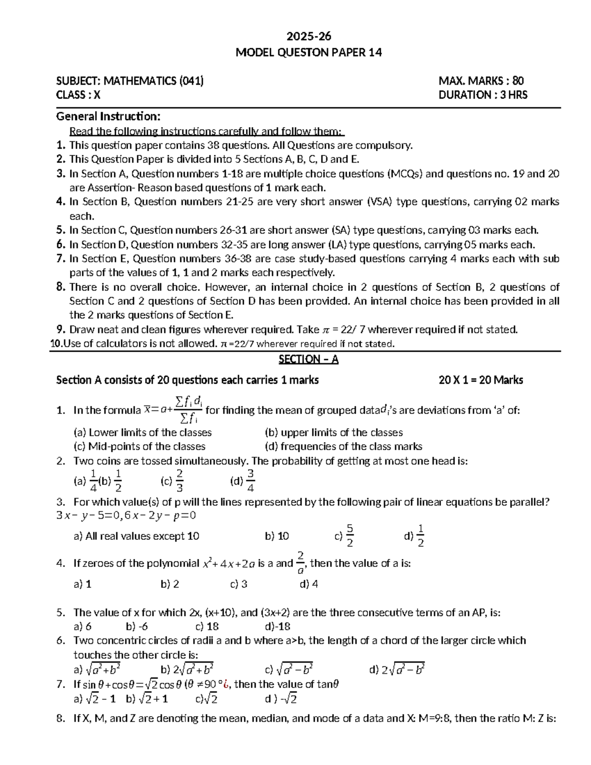 Sample Paper 14 - Mathematics (041) Class X Model Question Paper - Studocu