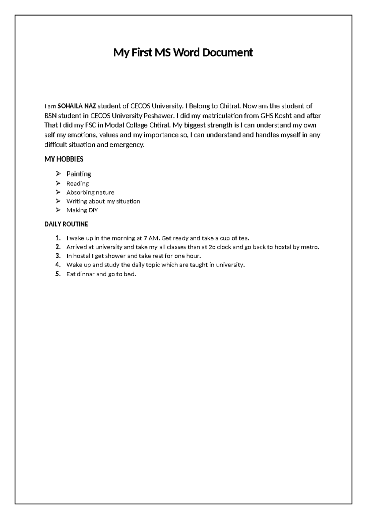 My First MS Word Document - Personal Reflection and Daily Routine - Studocu