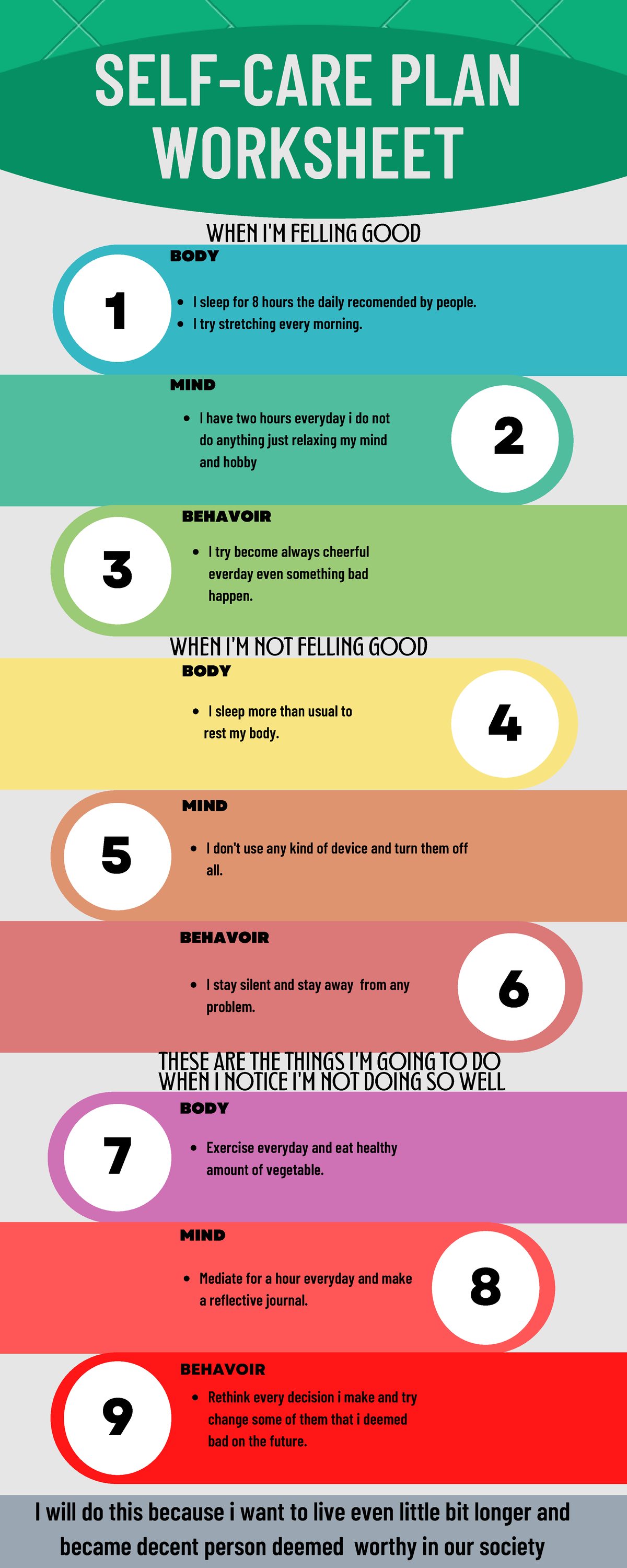 Self-care plan worksheet - 8 9 I sleep for 8 hours the daily recomended ...