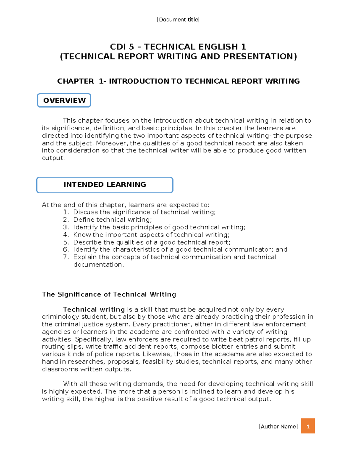 CDI 5 TECHNICAL ENGLISH 1: Chapter on Technical Report Writing Overview ...
