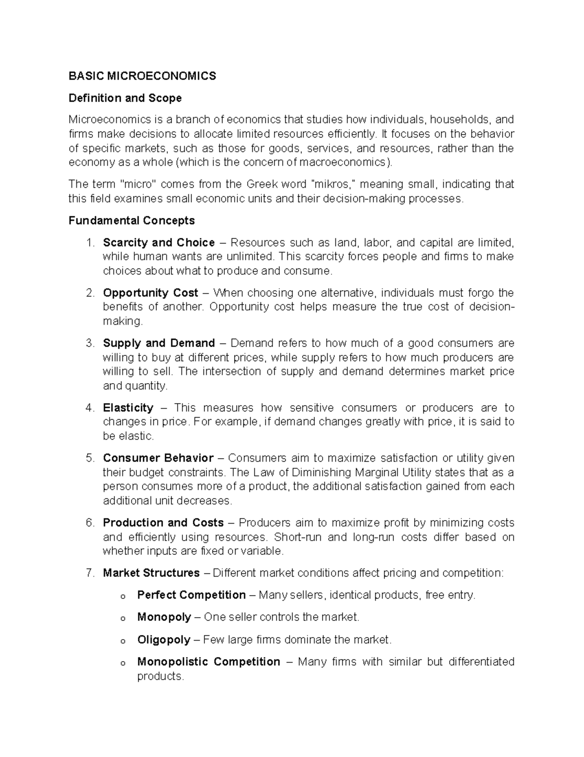BASIC MICROECONOMICS: Key Concepts and Definitions - Studocu