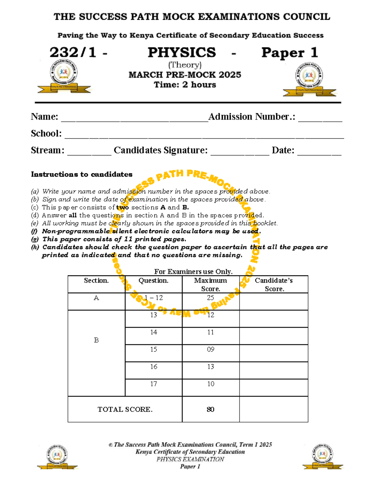 Mock Physics Exam Paper - Comprehensive Questions and Instructions ...