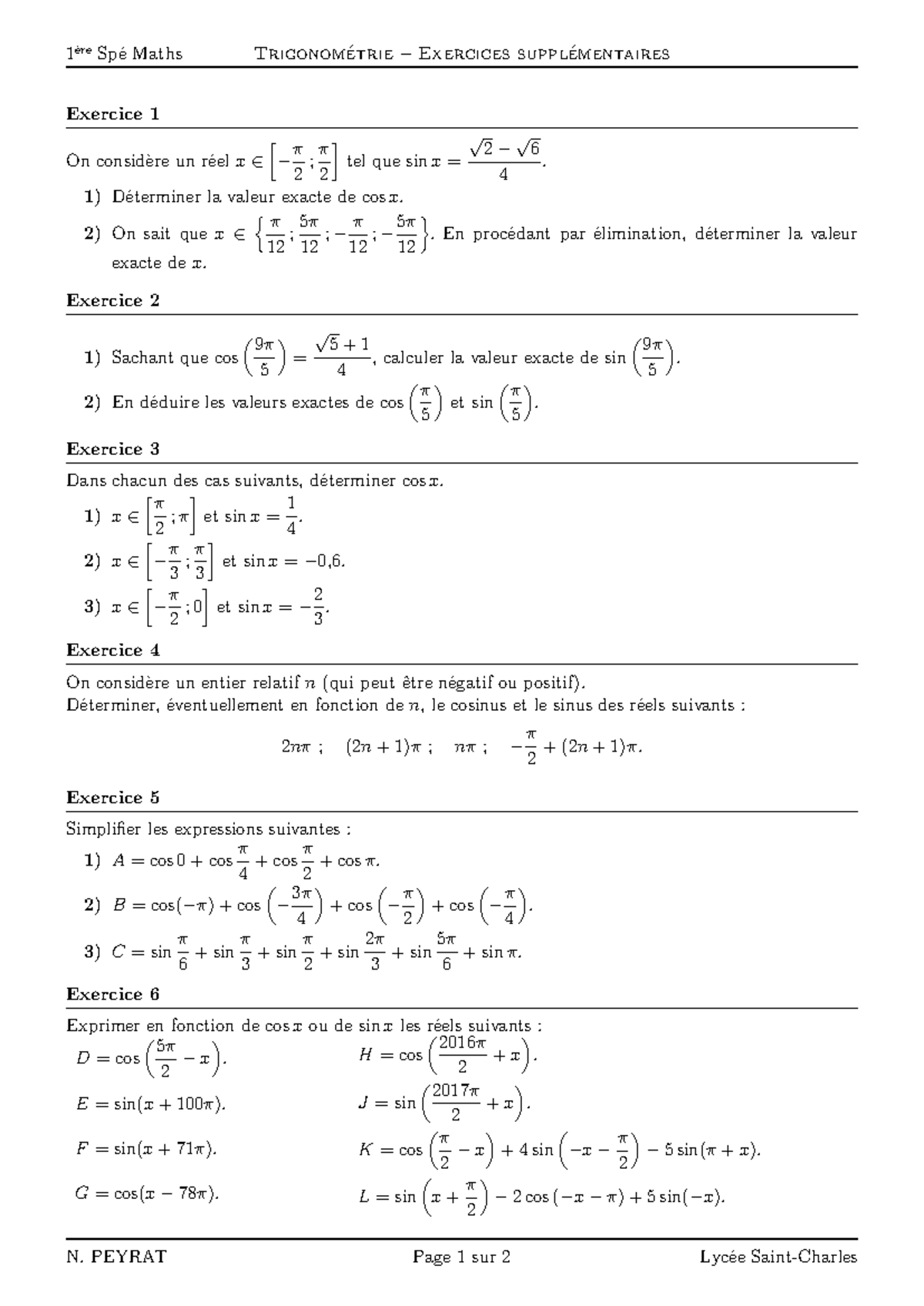 1S 02 Trigonométrie - Exercices Supplémentaires Complets - Studocu