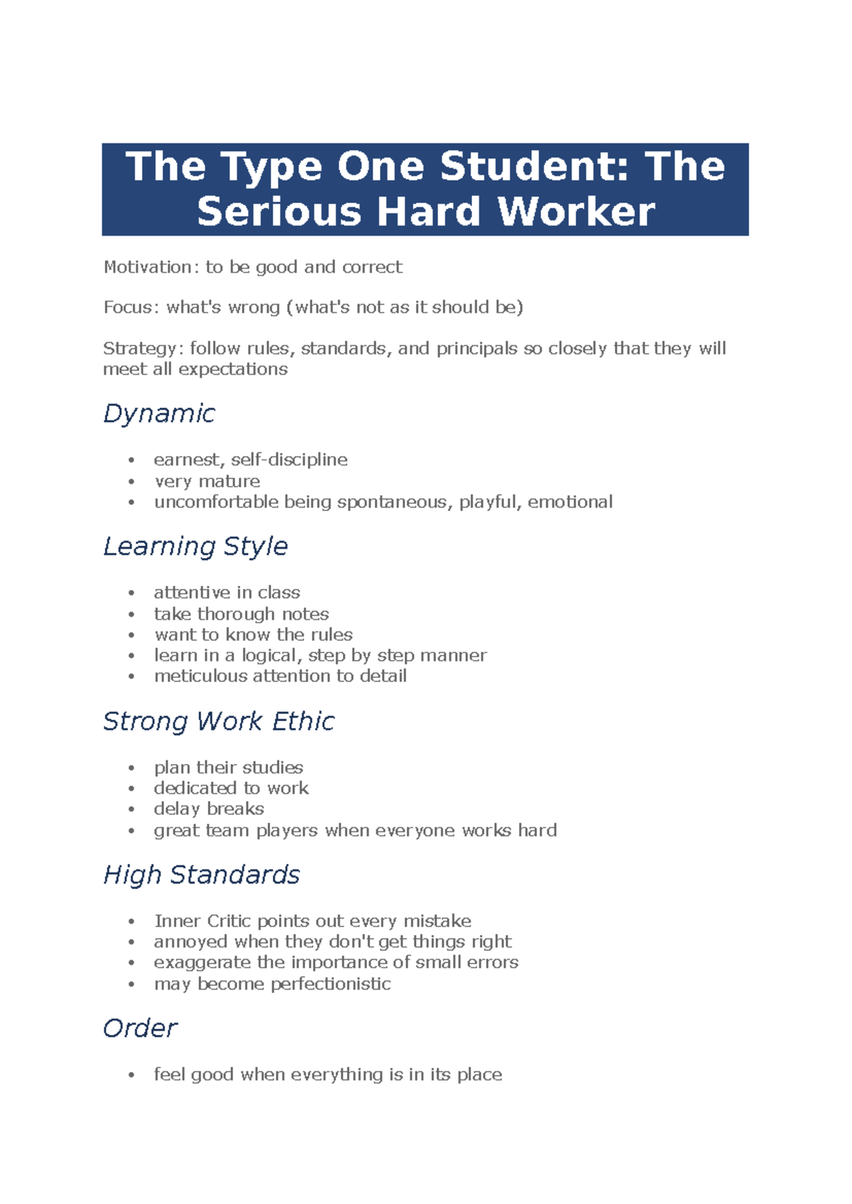 Enneagram Type 1: The Perfectionist Student's Guide - Studocu