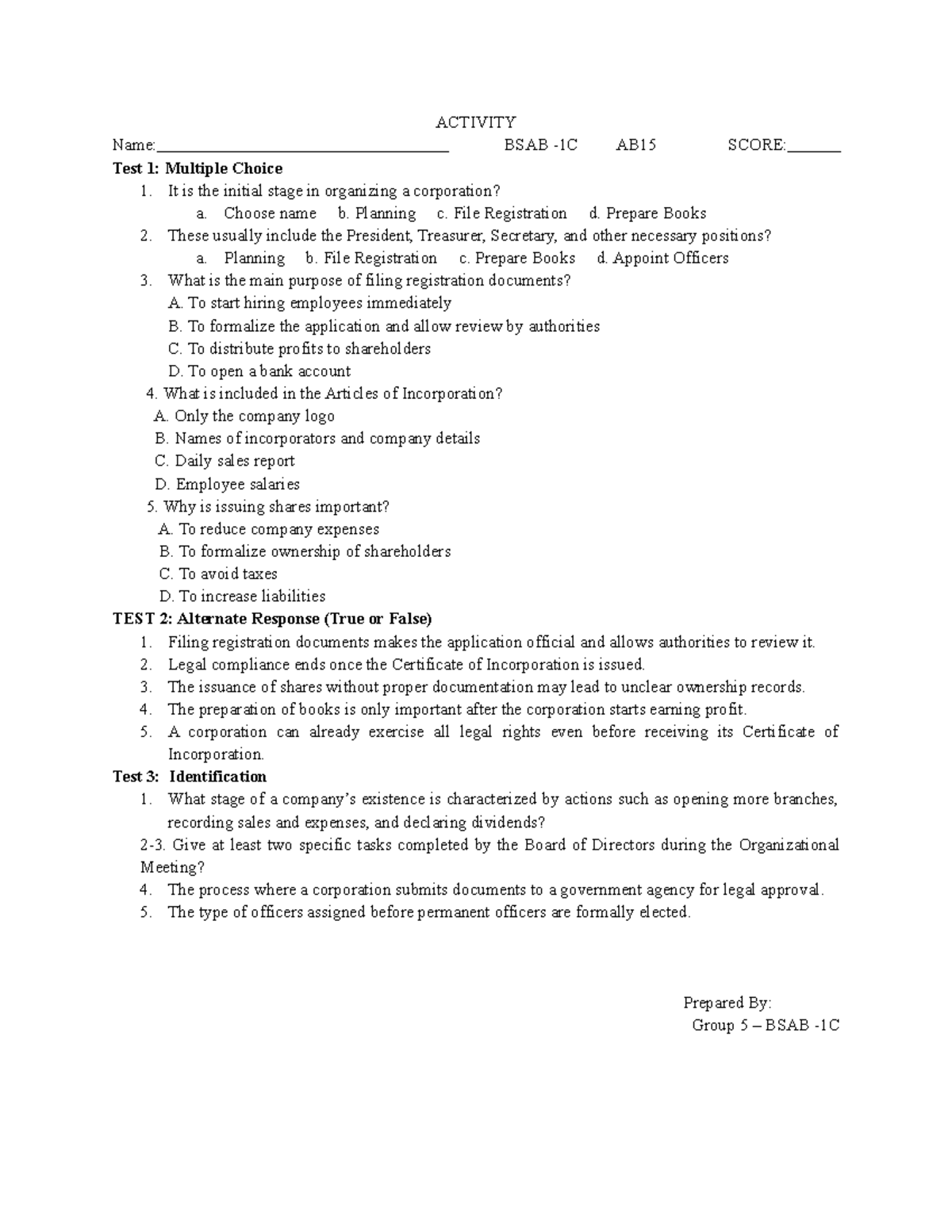 BSAB Activity: Test 1-3 on Corporate Organization and Compliance - Studocu