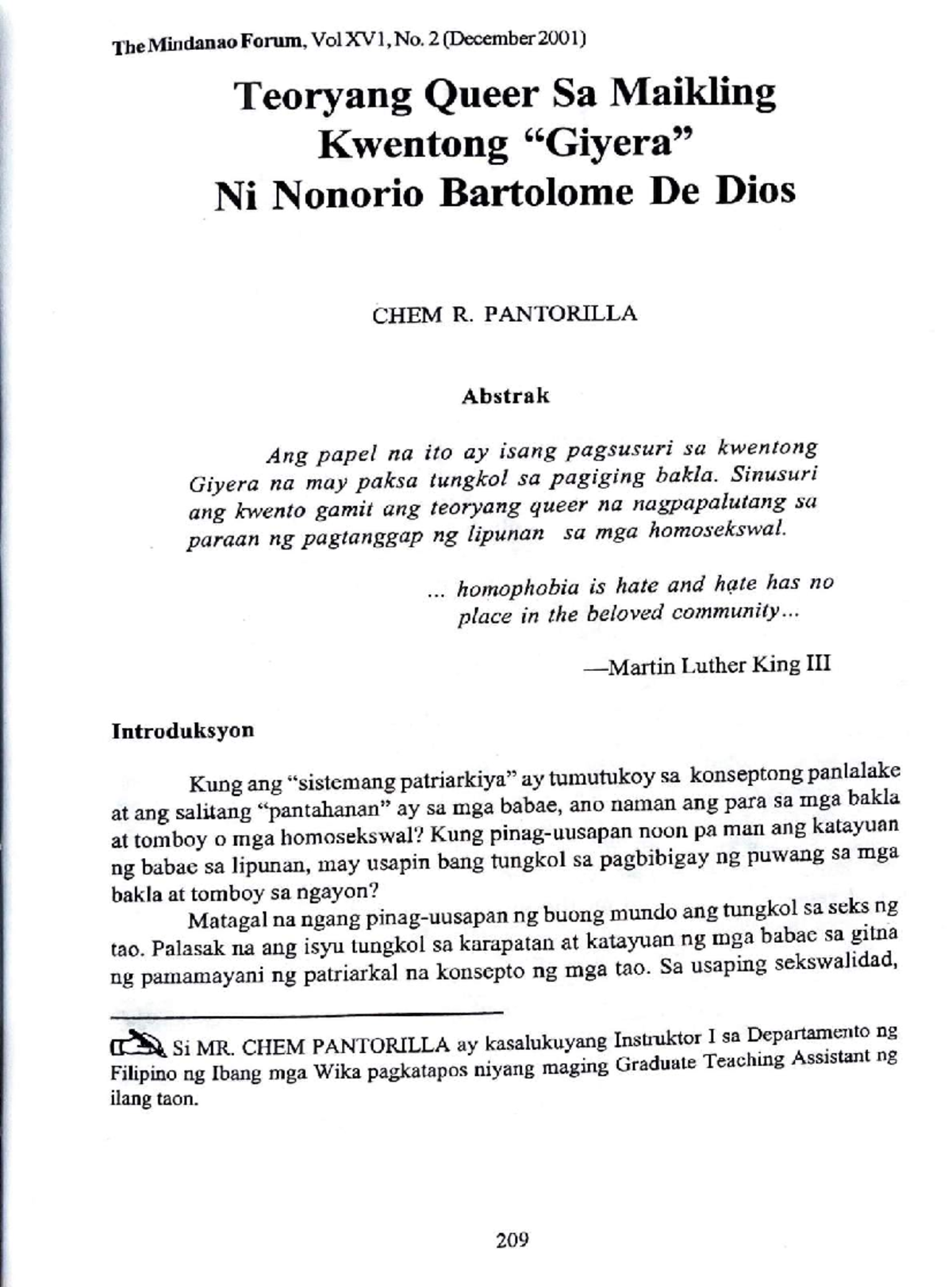 Teoryang Queer sa Kwentong "Giyera" ni Nonorio Bartolome De Dios - Studocu