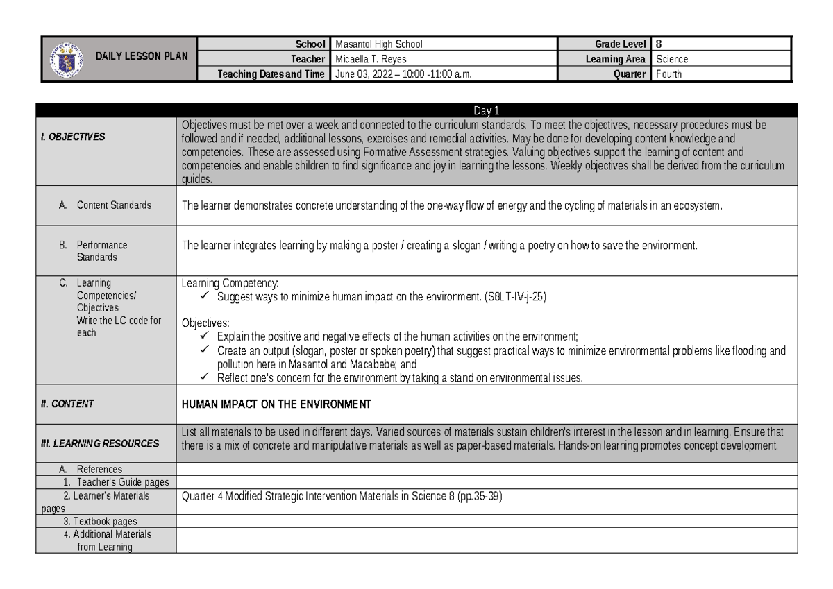 Lesson Plan: Human Impact on Environment (Grade 8 Science) - Studocu