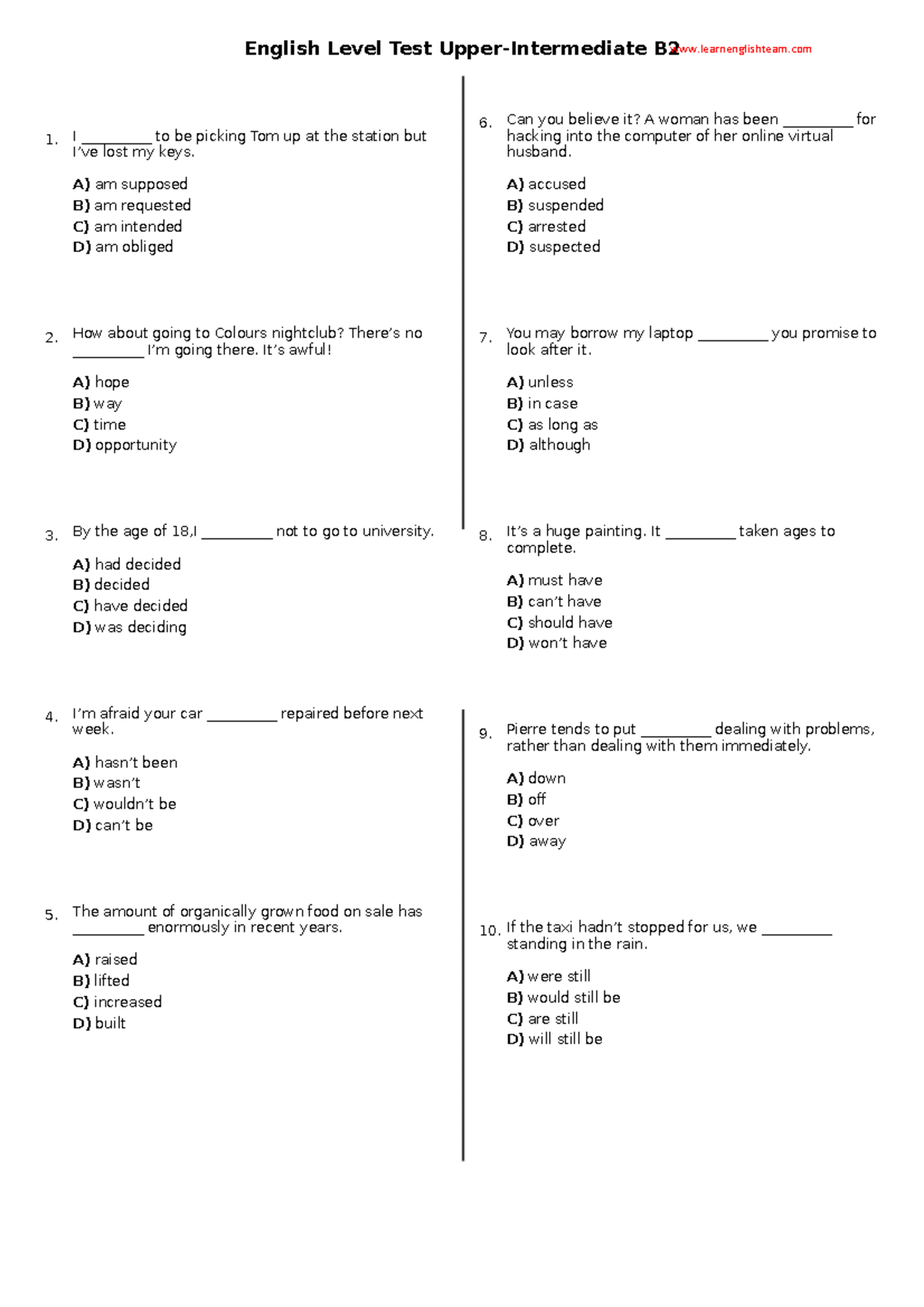 English Level Test: Upper-Intermediate B2 Practice Questions - Studocu