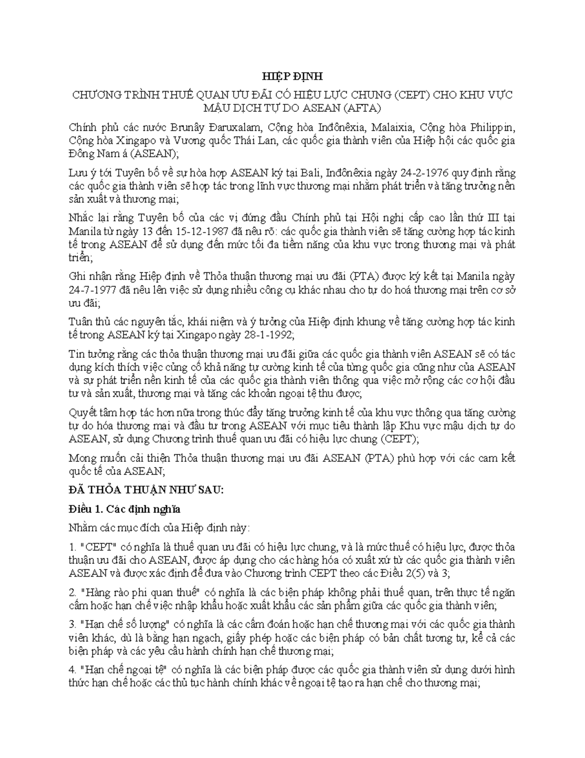 Hiệp định về chương trình ưu đãi thuế quan có hiệu lực chung cho AFTA ...