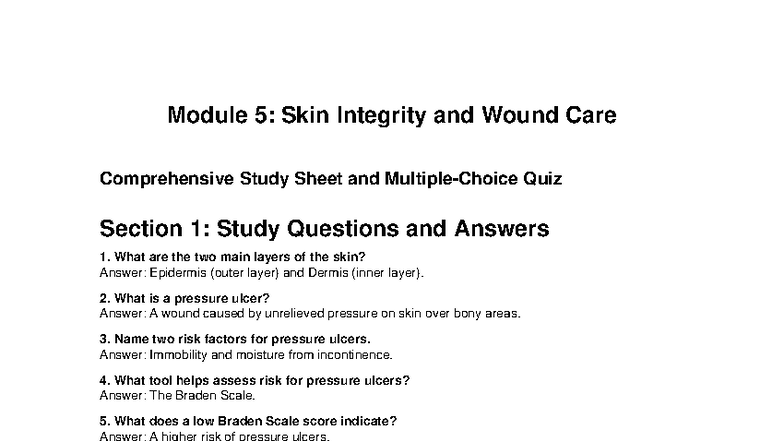 Module 5: Skin Integrity & Wound Care Study Sheet & Quiz - Studocu
