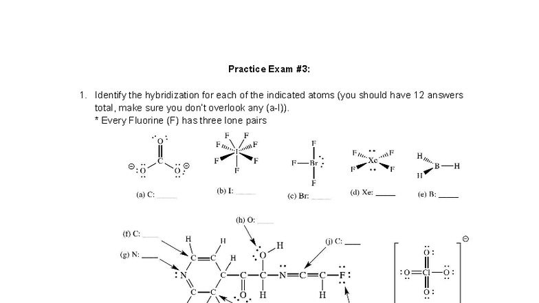 Exam 3 - Chemistry Practice: Hybridization, Bond Angles & More - Studocu