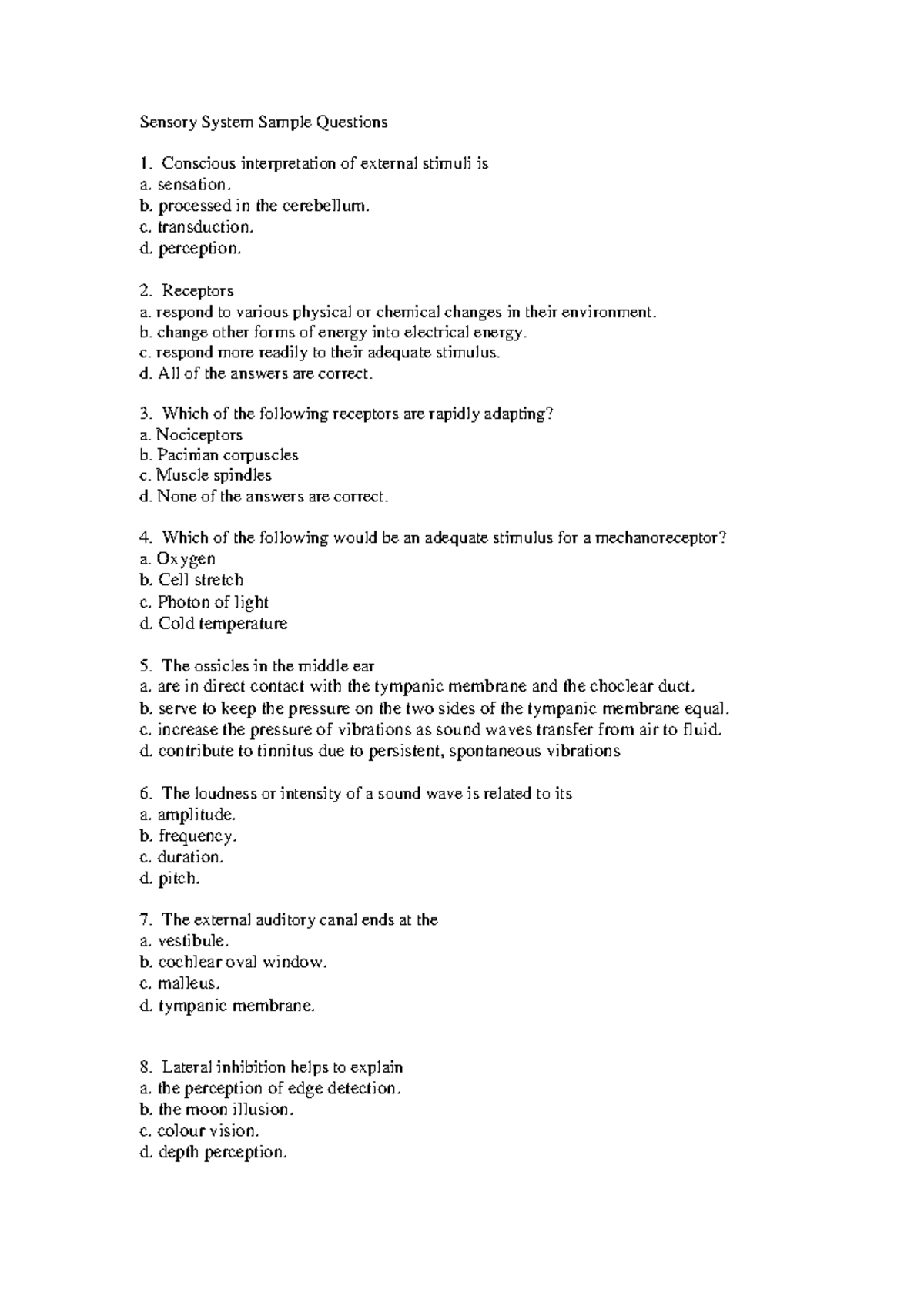Sensory sample mcqs 2020 - Sensory System Sample Questions Conscious ...