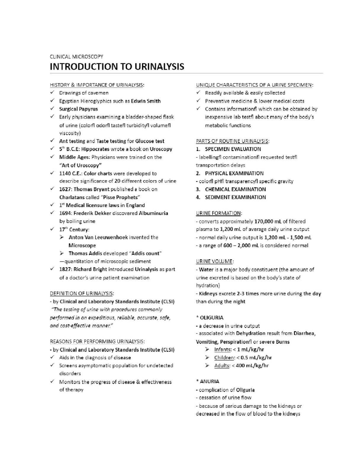 CM - 1 Intro to Urinalysis - Lecture notes - Clinical Microscopy - Studocu