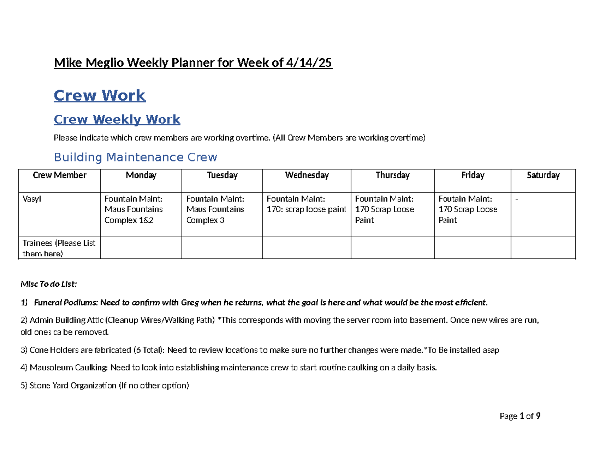 Weekly Crew Work & Priorities for Water Main Install Projects - Mike ...