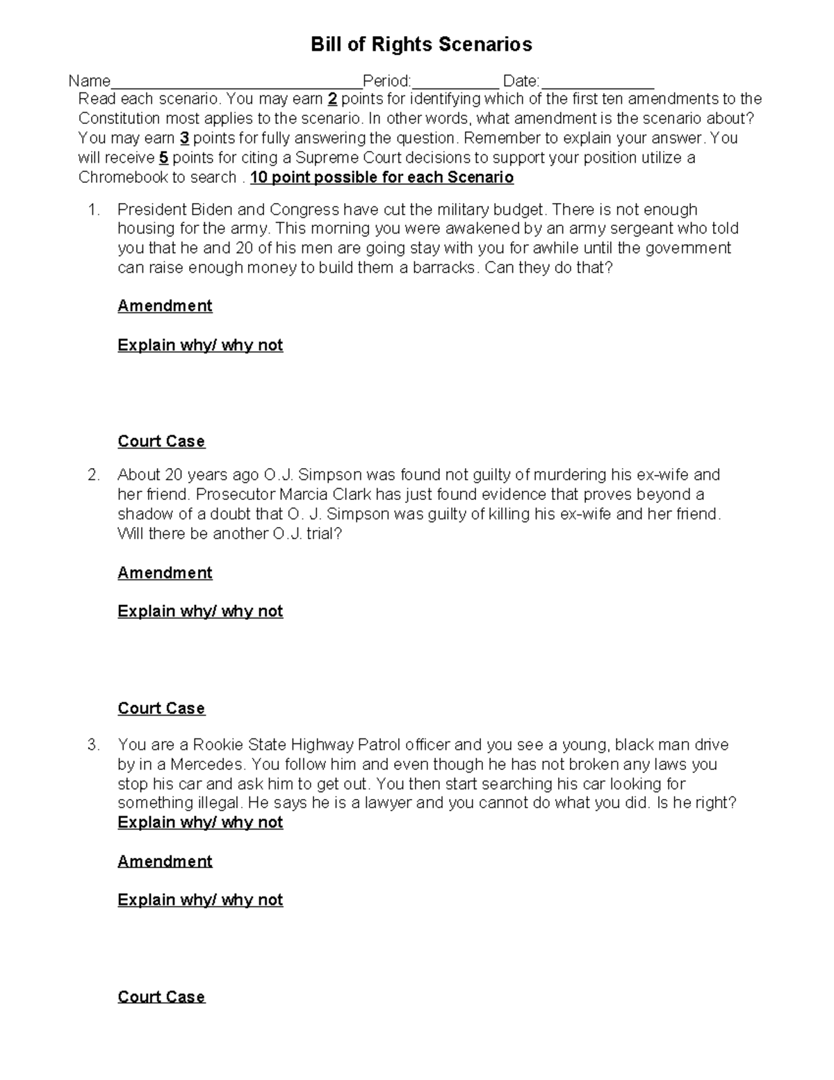 Civics 101: Bill of Rights Scenarios and Analysis - Studocu