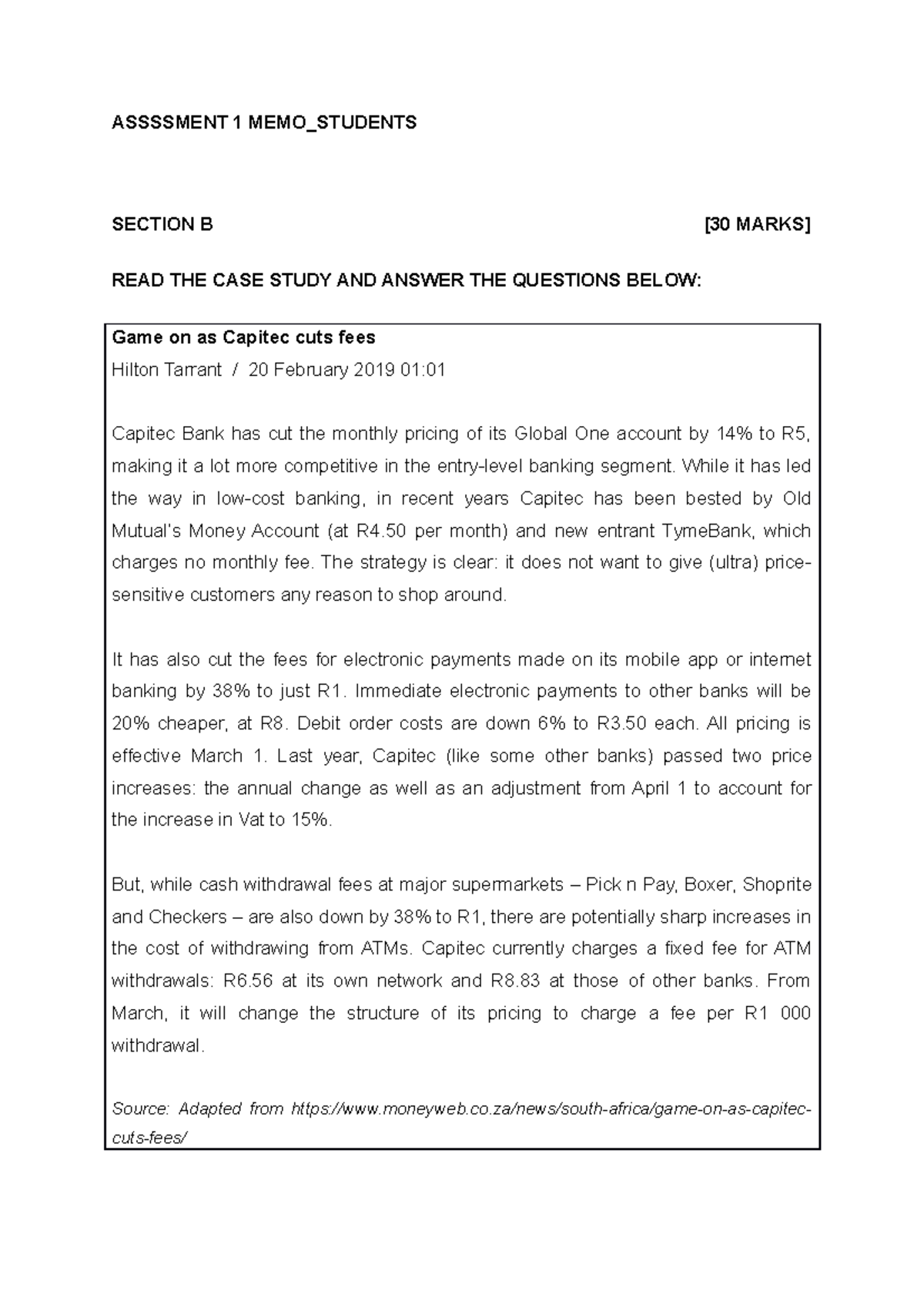 Assessment 1 Memo: Capitec Fees Case Study & Org Concepts Analysis ...