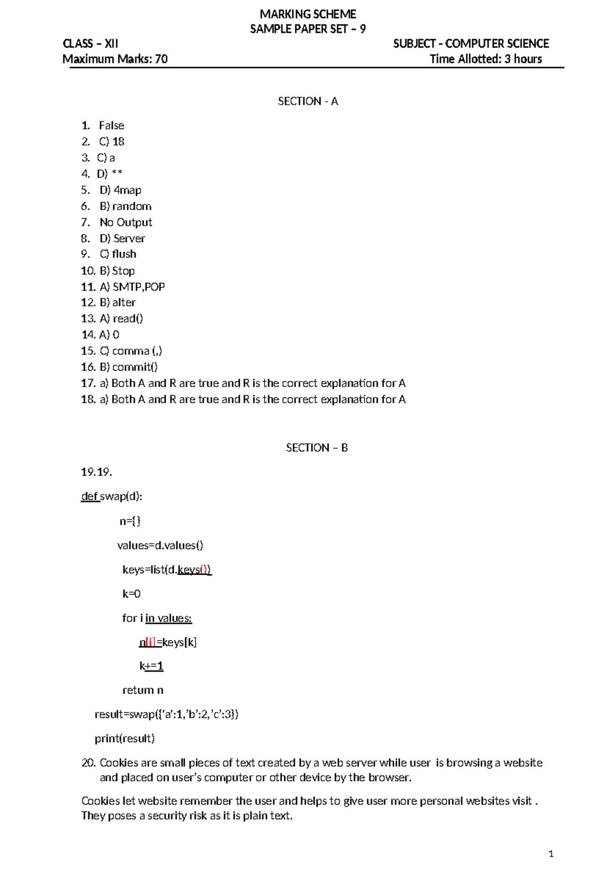 CLASS XII Computer Science Sample Paper Set 9 Marking Scheme - Studocu