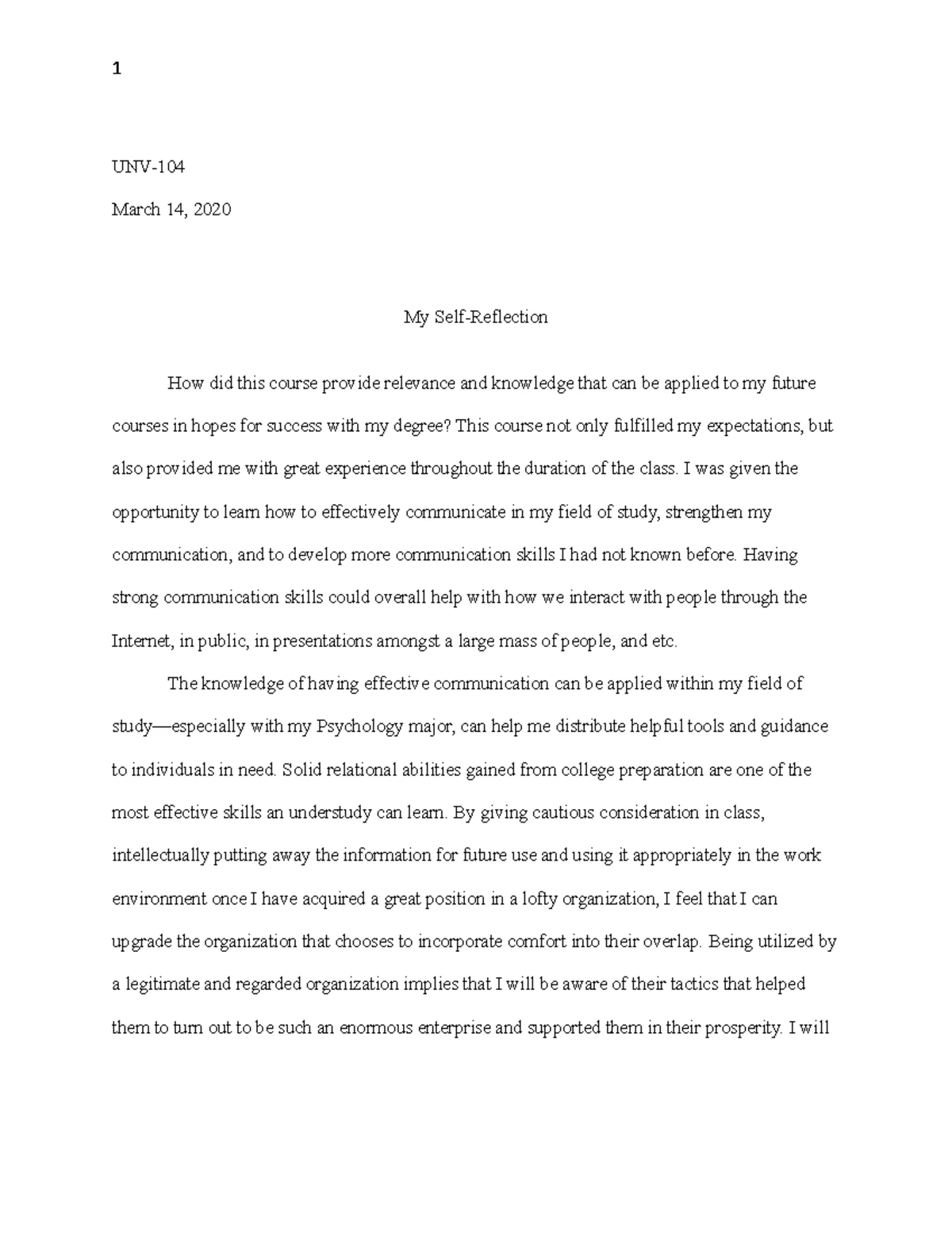 Self-Reflection Essay on Skills Development in UNV 104 - Studocu