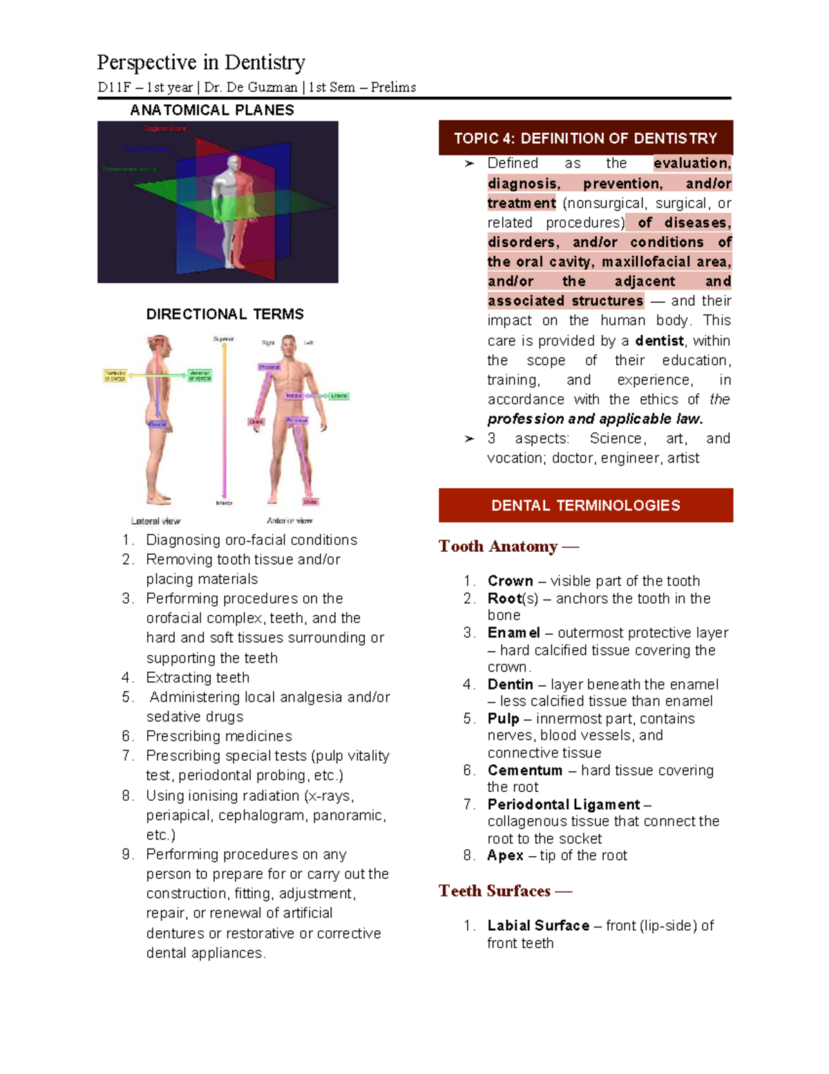 Perspective in Dentistry D11F 1st Year Prelims: Anatomical Planes ...